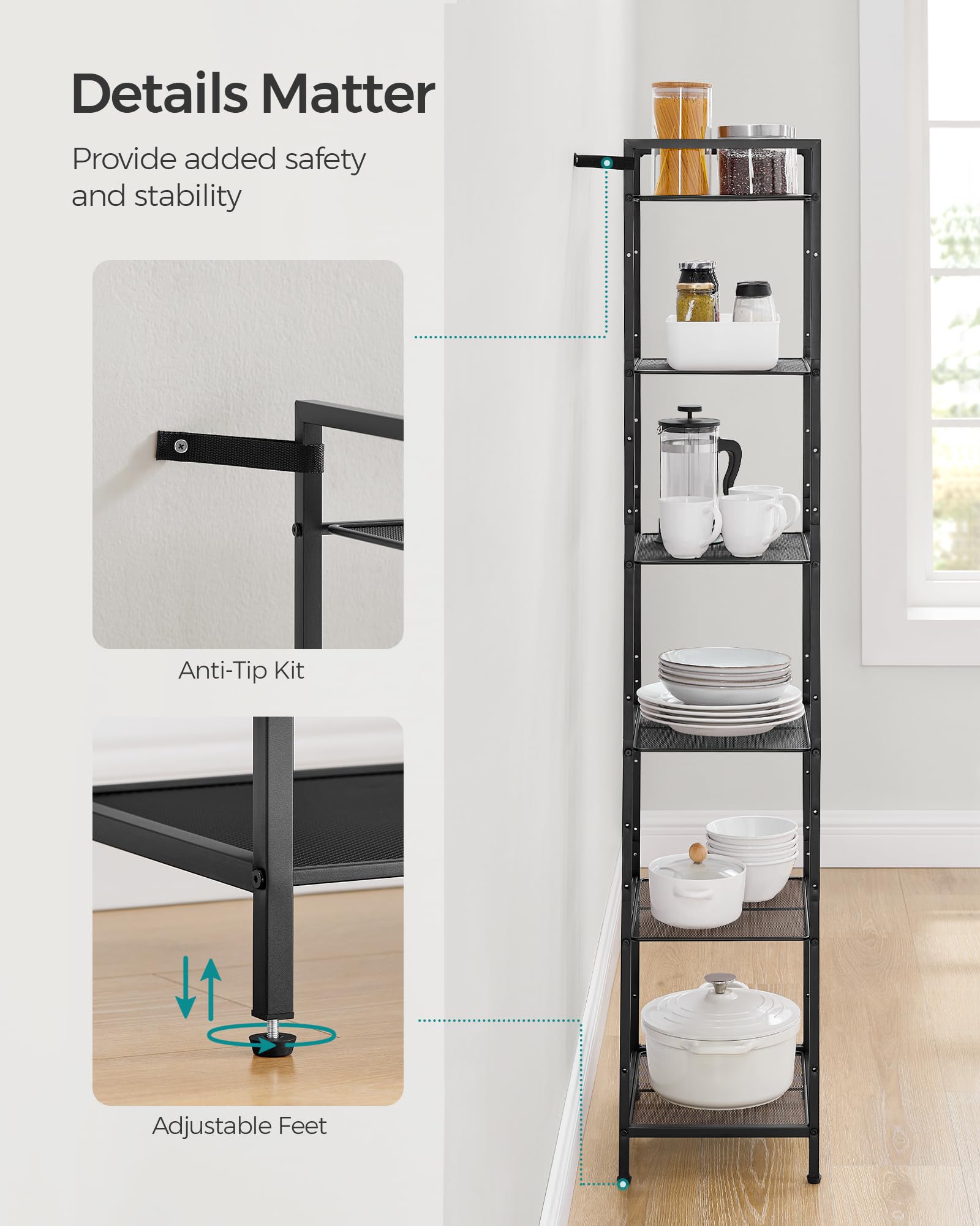 SONGMICS 6-Tier Storage Rack, Bathroom Shelf, Extendable Plant Stand with Adjustable Shelf, for Bathroom, Living Room, Balcony, Kitchen, Classic Black UBSC036B01