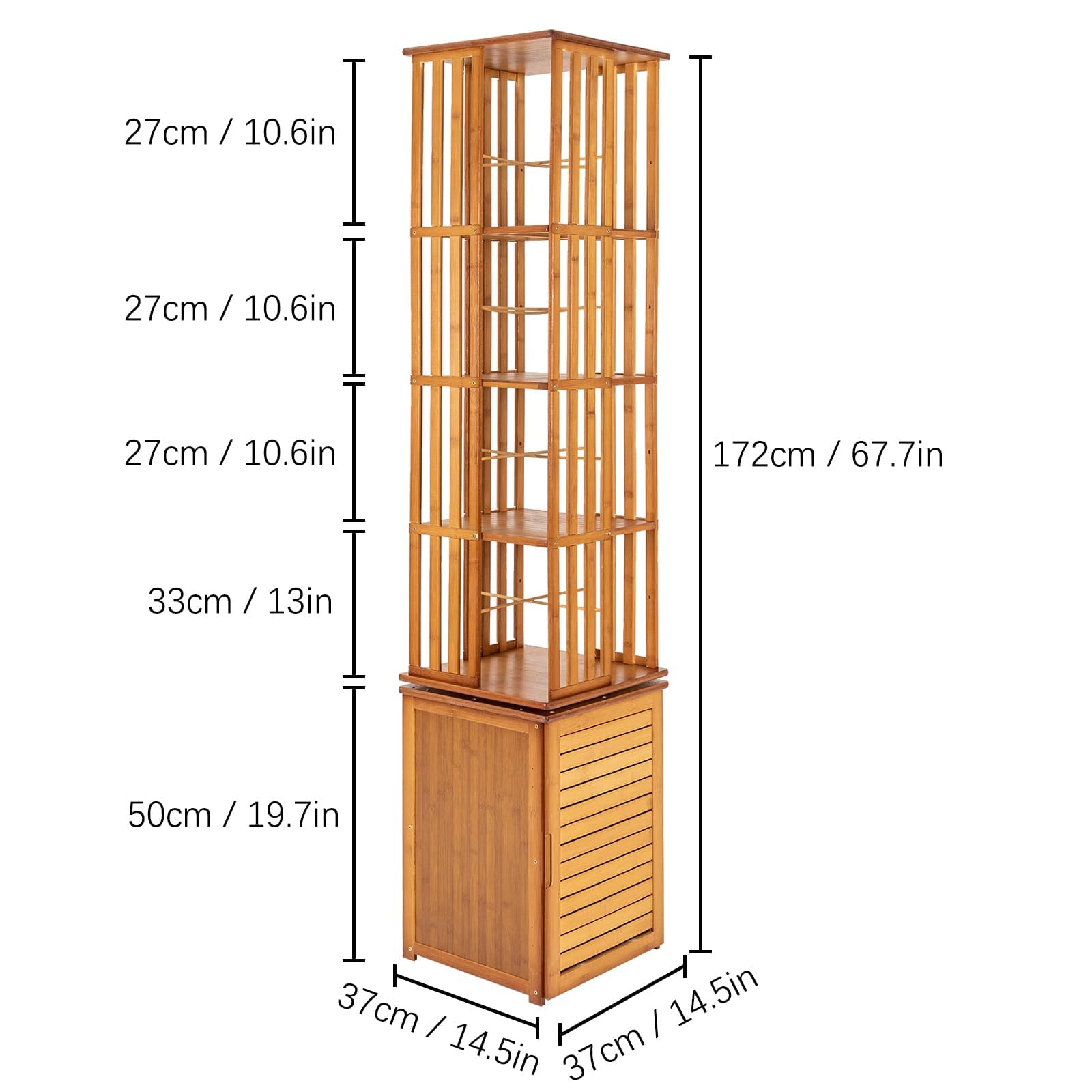 SHOUMANUAL Bamboo Rotating Bookshelf, 6-Tier Bookcase with Storage Cabinet & Doors, 360° Revolving Narrow Storage Display Rack Standing Shelves for Living Room Study Room Office (Teal)