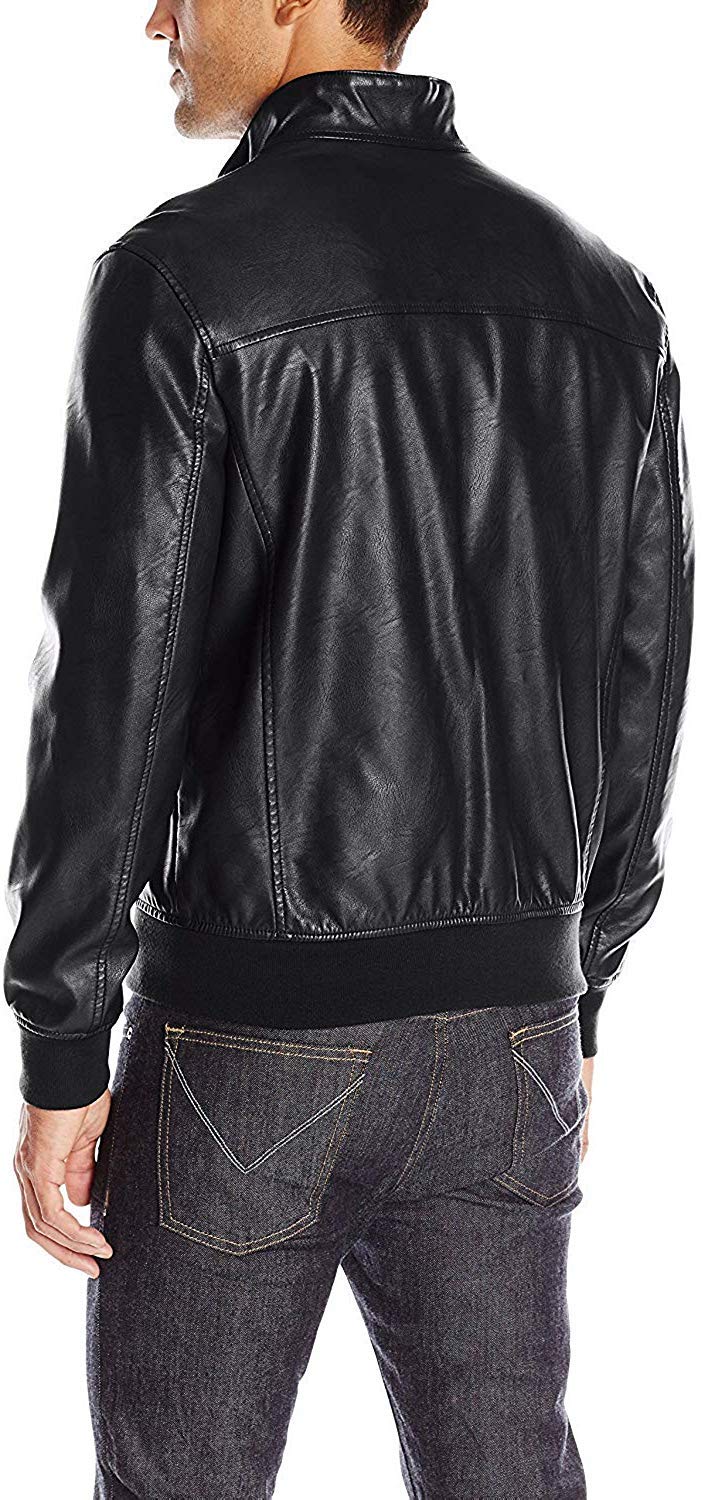 Tommy Hilfiger Mens Faux Leather Bomber Windbreaker Jacket, Black, Large US