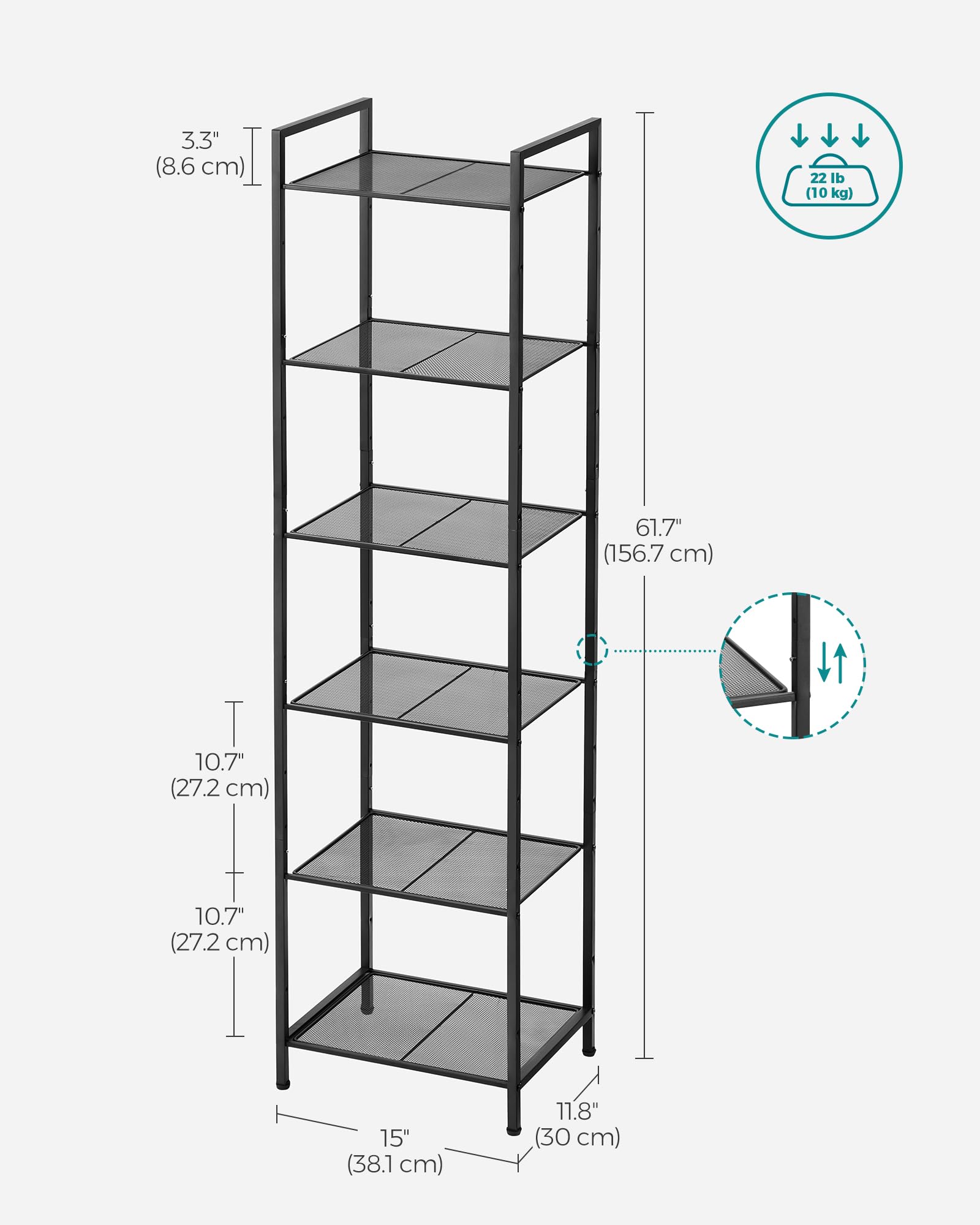 SONGMICS 6-Tier Storage Rack, Bathroom Shelf, Extendable Plant Stand with Adjustable Shelf, for Bathroom, Living Room, Balcony, Kitchen, Classic Black UBSC036B01