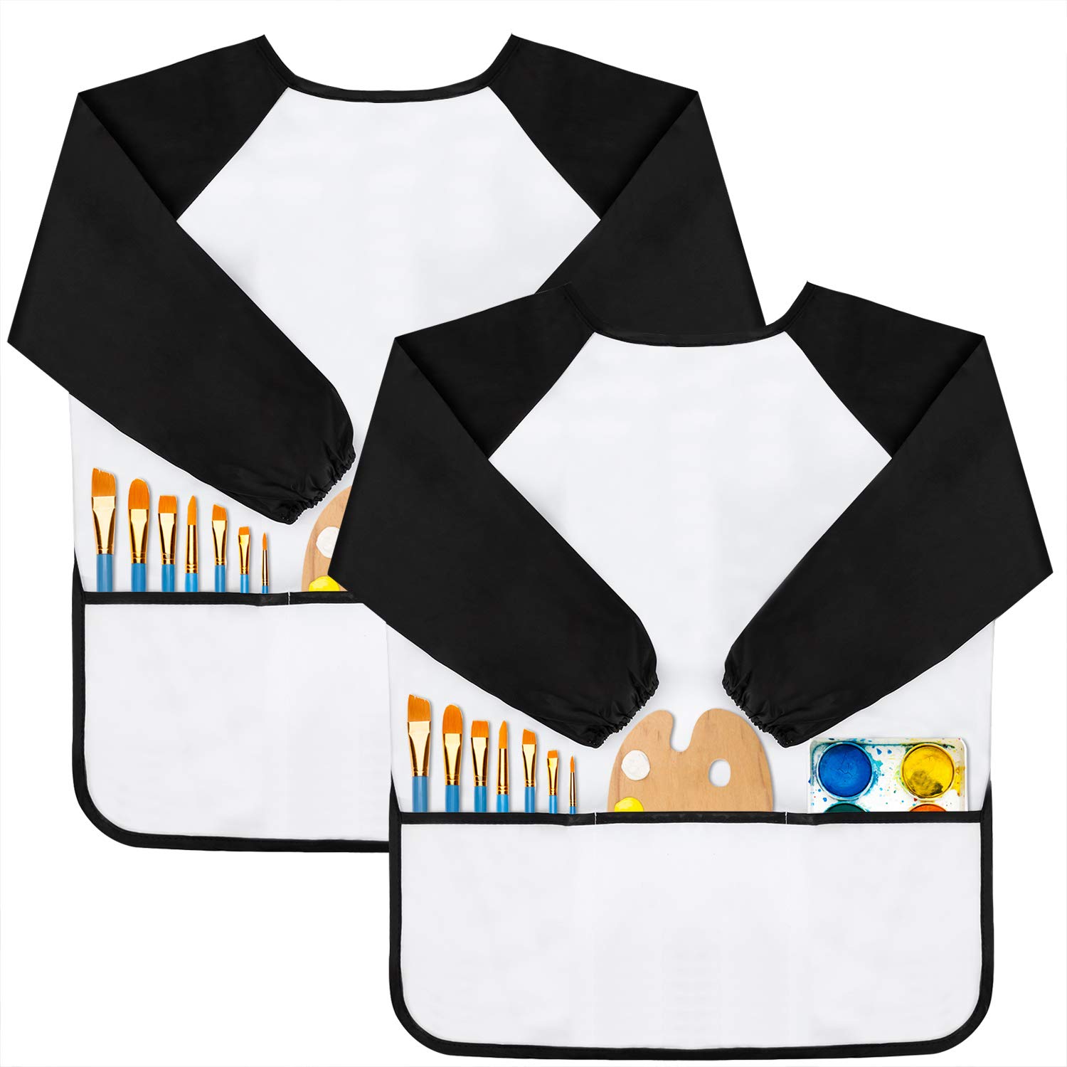 GODR7OY Kids Art Smocks, Painting Apron Artist Smock with Sleeve and 3 Pockets 2 Pack Black/White Set for Age 2-6 Years (Small)
