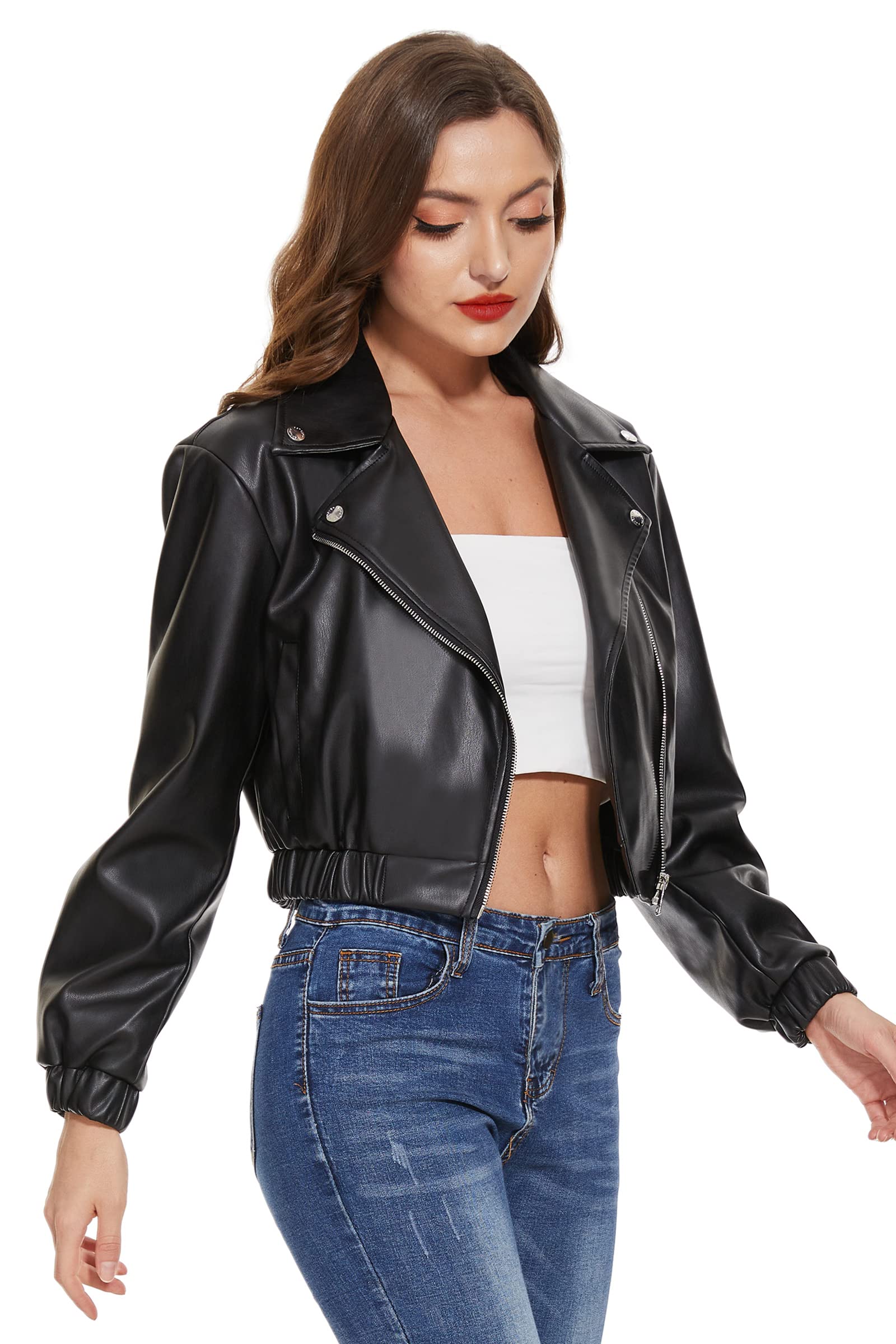 Fahsyee Faux Leather Jacket Women - Black Motorcycle Short Coat Moto Biker Blazer Plus Size Casual Pleather Jackets Fashion M