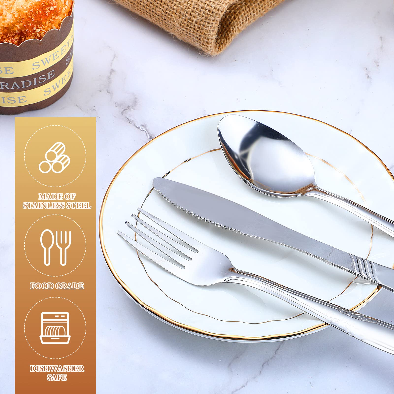 Nuogo 100 Pieces Fork Knife Spoon Silverware Flatware Cutlery Set Portable Stainless Steel Flatware Set Restaurant Silverware Cutlery for Home Kitchen Dining