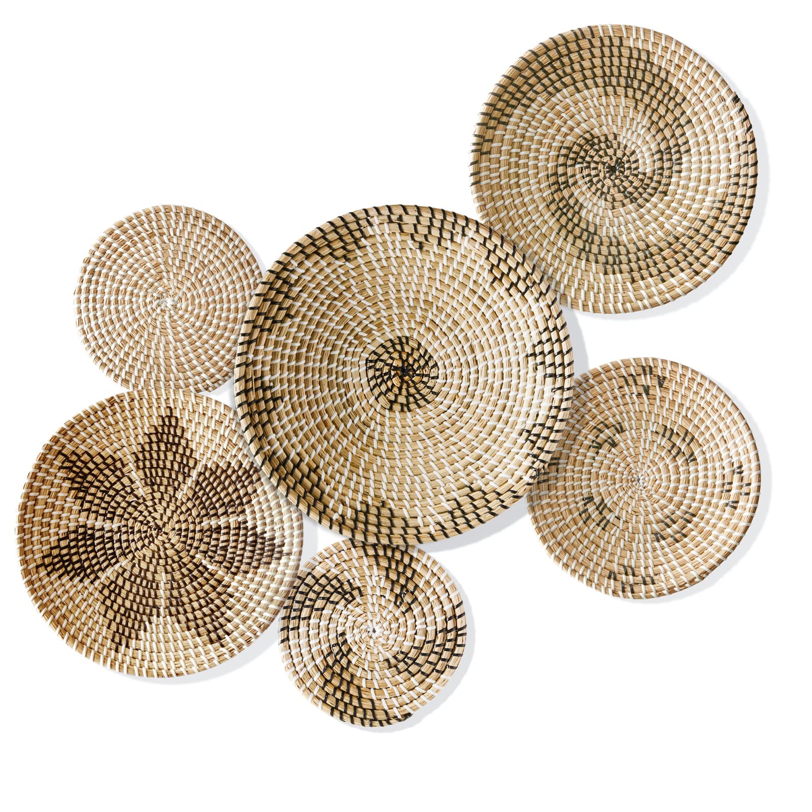 Wall Basket Decor Set of 6, Boho Hanging Seagrass Baskets Woven Basket Wall Decor, Natural Handmade Round Wicker Wall Decor with 10 Hooks,Boho Wall Decor 7.9" to 13.8" for Living Room Wall Art