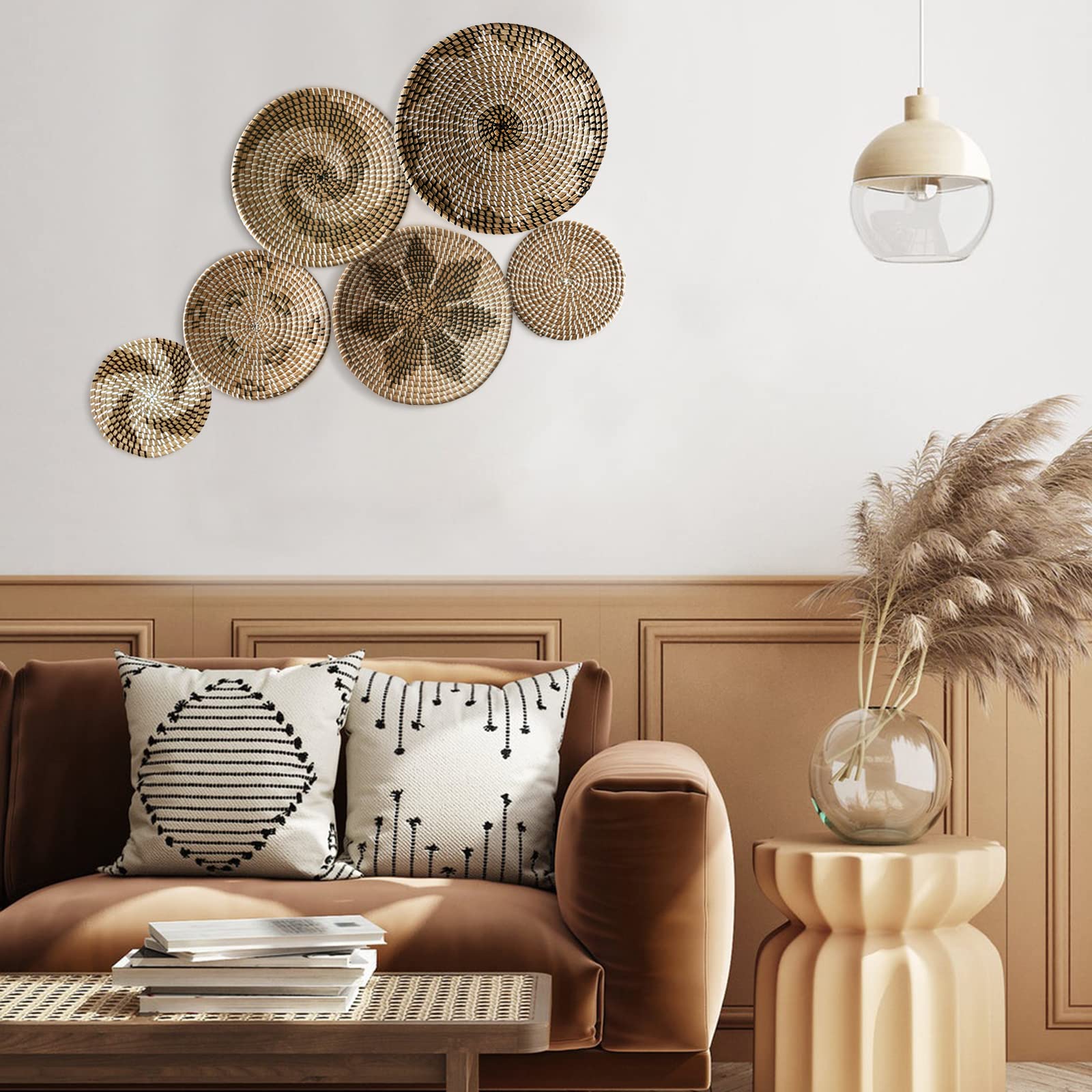 Wall Basket Decor Set of 6, Boho Hanging Seagrass Baskets Woven Basket Wall Decor, Natural Handmade Round Wicker Wall Decor with 10 Hooks,Boho Wall Decor 7.9" to 13.8" for Living Room Wall Art