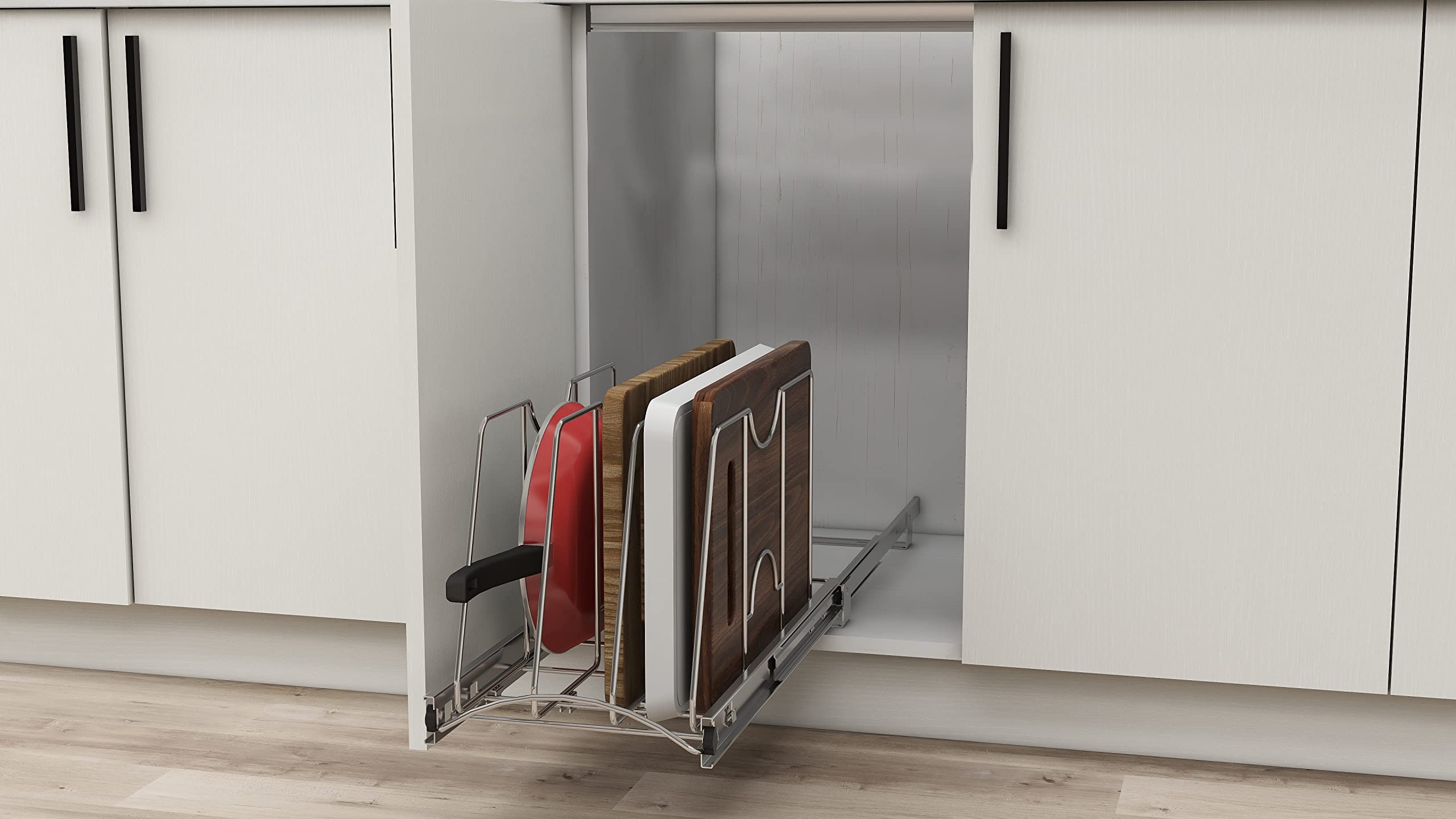 Slide Out Organizer for Cutting Board, Pan, Bakeware, and Tray - Pull Out Kitchen Cabinet Rack - (11W x 22D x 11.8H inch, Chrome)