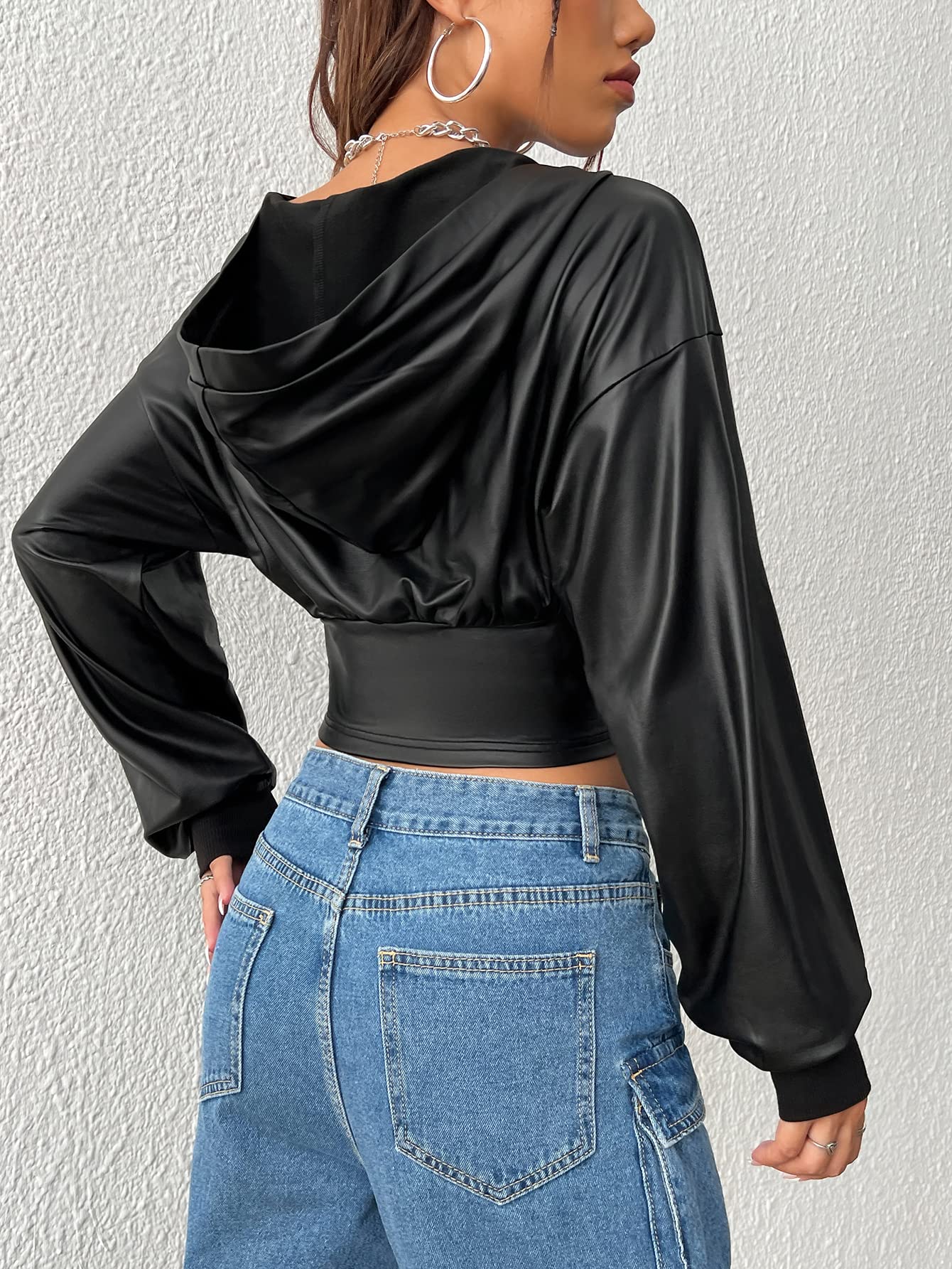 WDIRARA Women's PU Leather Ruched Zip Up Hoodie Long Sleeve Drop Shoulder Crop Jacket Black XS