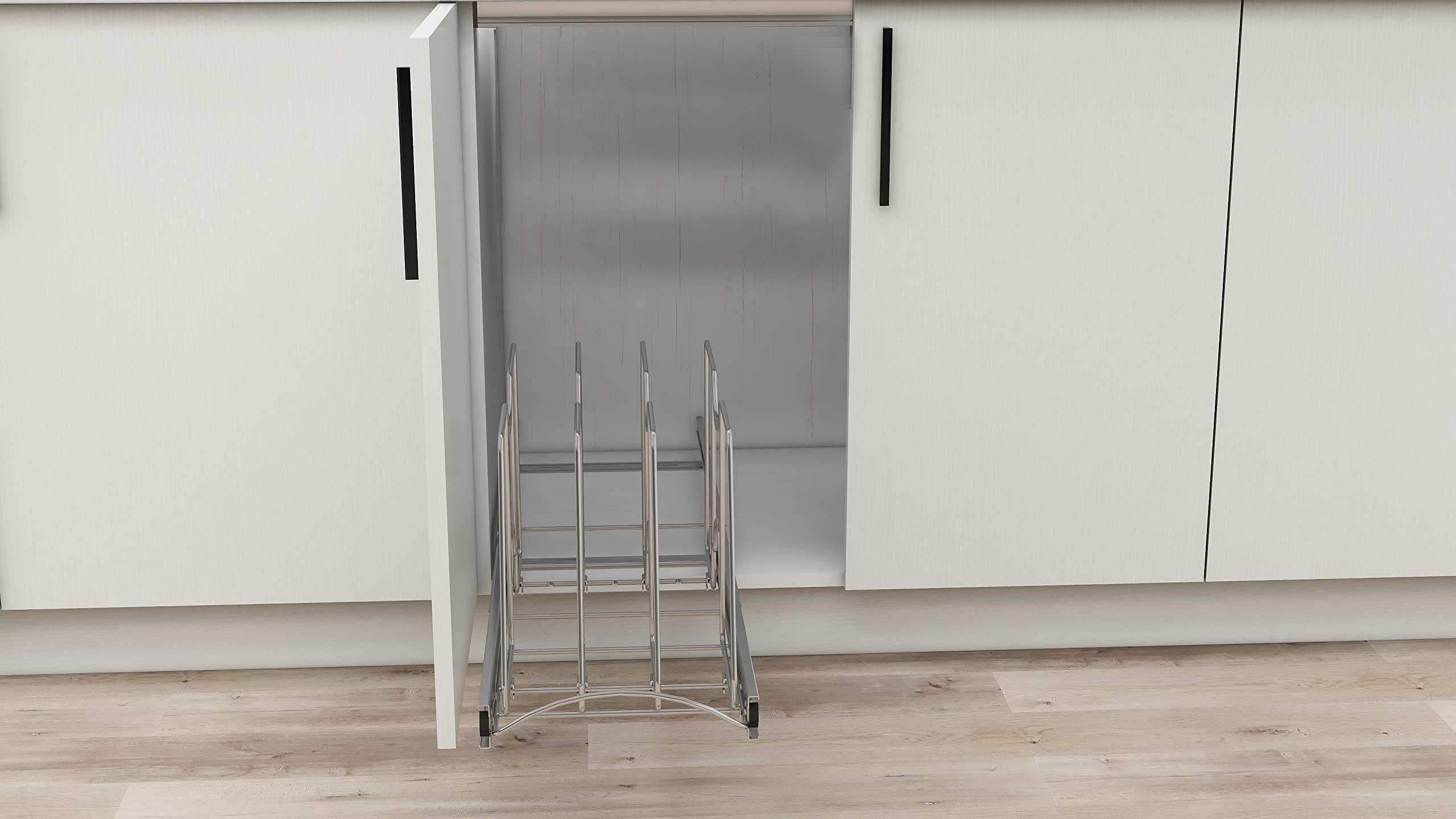 Slide Out Organizer for Cutting Board, Pan, Bakeware, and Tray - Pull Out Kitchen Cabinet Rack - (11W x 22D x 11.8H inch, Chrome)