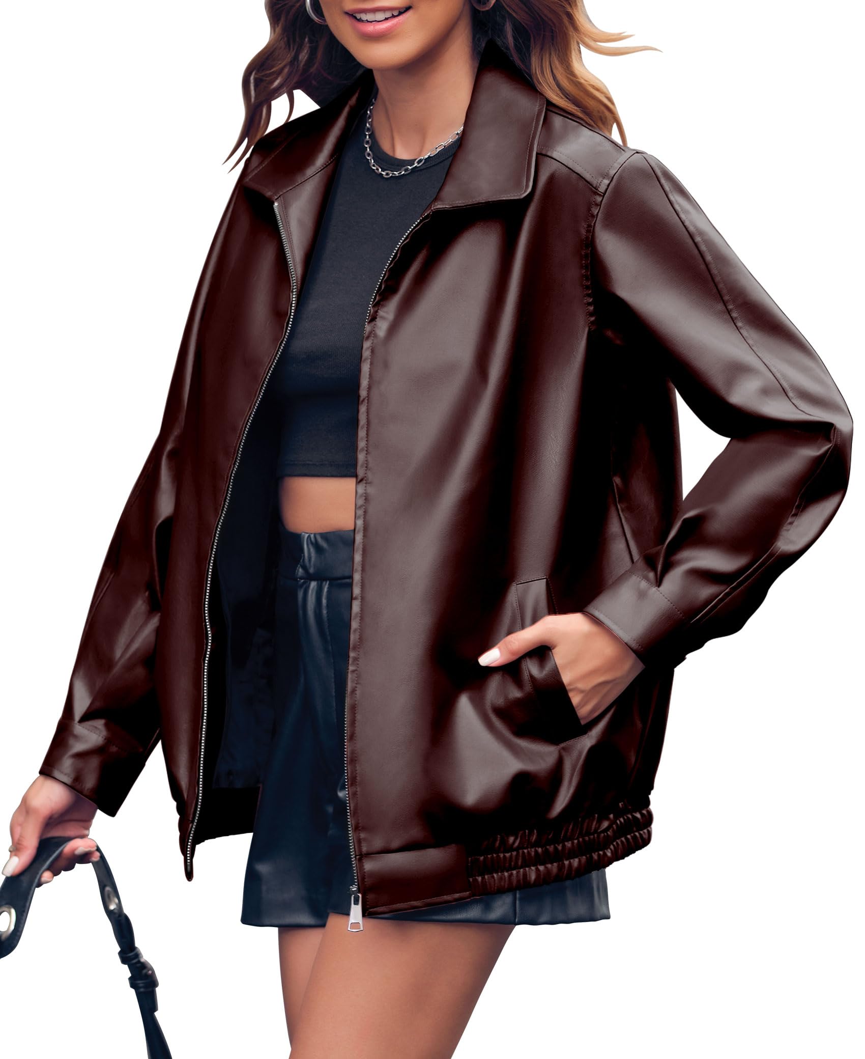 Miladusa Oversized Bomber Jacket for Women Zip Up Solid Color Leather Jackets with Pockets Dark Brown XL