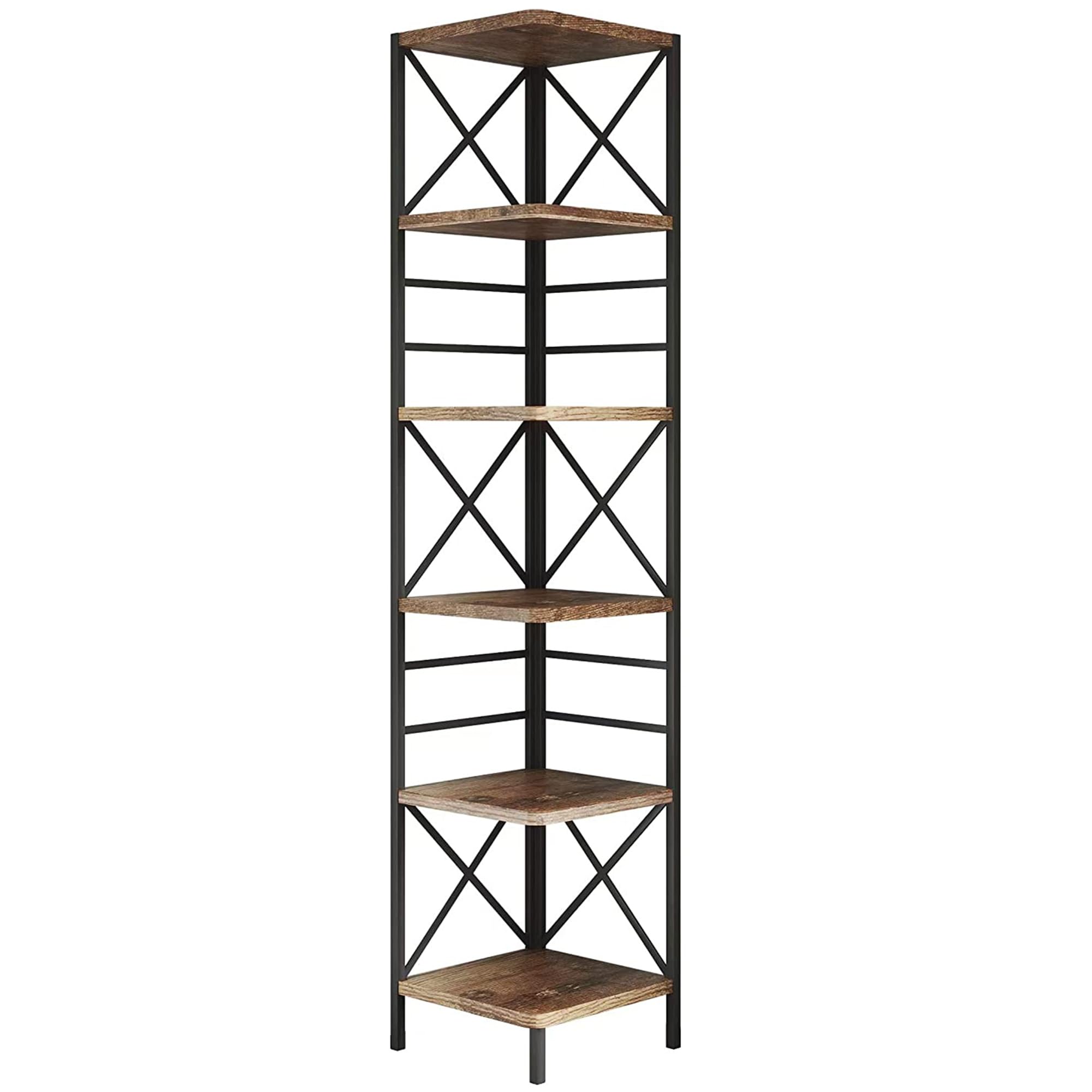 Buytime Corner Bookshelf, Corner Bookshelf for Living Room. 6-Tier Rustic Wooden Corner Bookshelf with Metal Frame, Corner Book Shelf, Tall Corner Shelf, Metal Corner Shelf