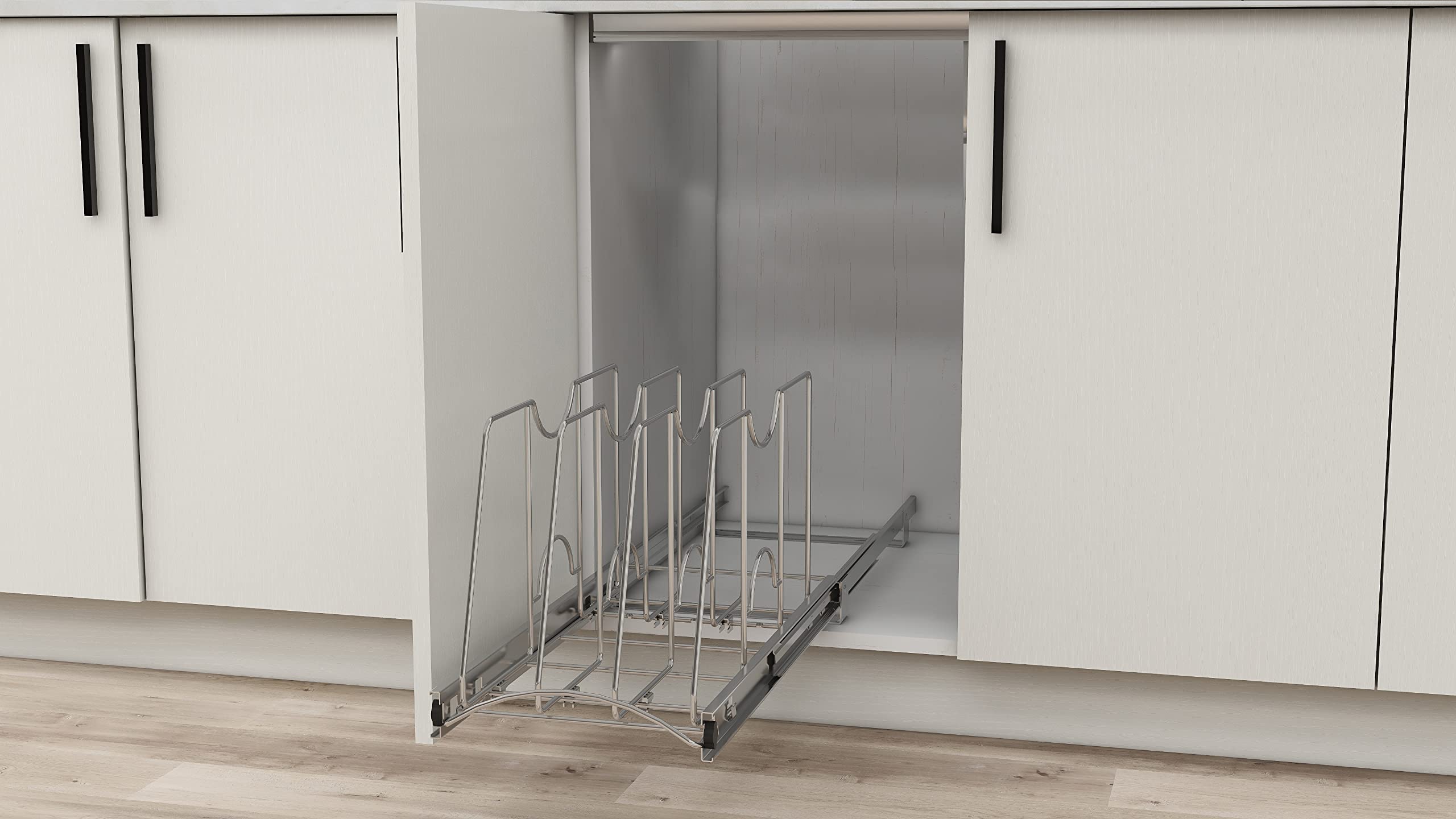 Slide Out Organizer for Cutting Board, Pan, Bakeware, and Tray - Pull Out Kitchen Cabinet Rack - (11W x 22D x 11.8H inch, Chrome)