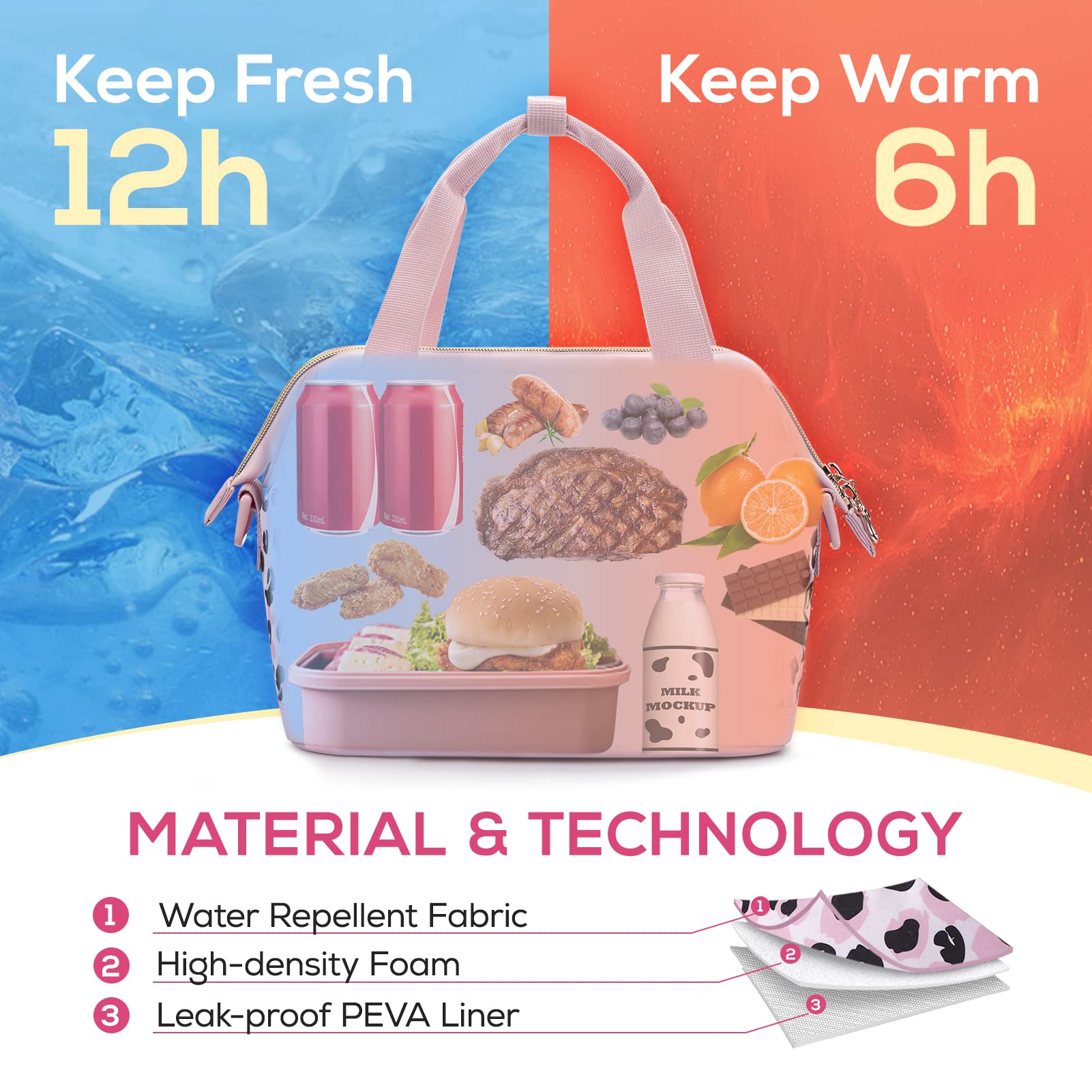 TOURIT Lunch Bag Women Insulated Lunch Box Durable Lunch Tote Bag Lunch Cooler Bag for Women Work, School, Picnic, Pink