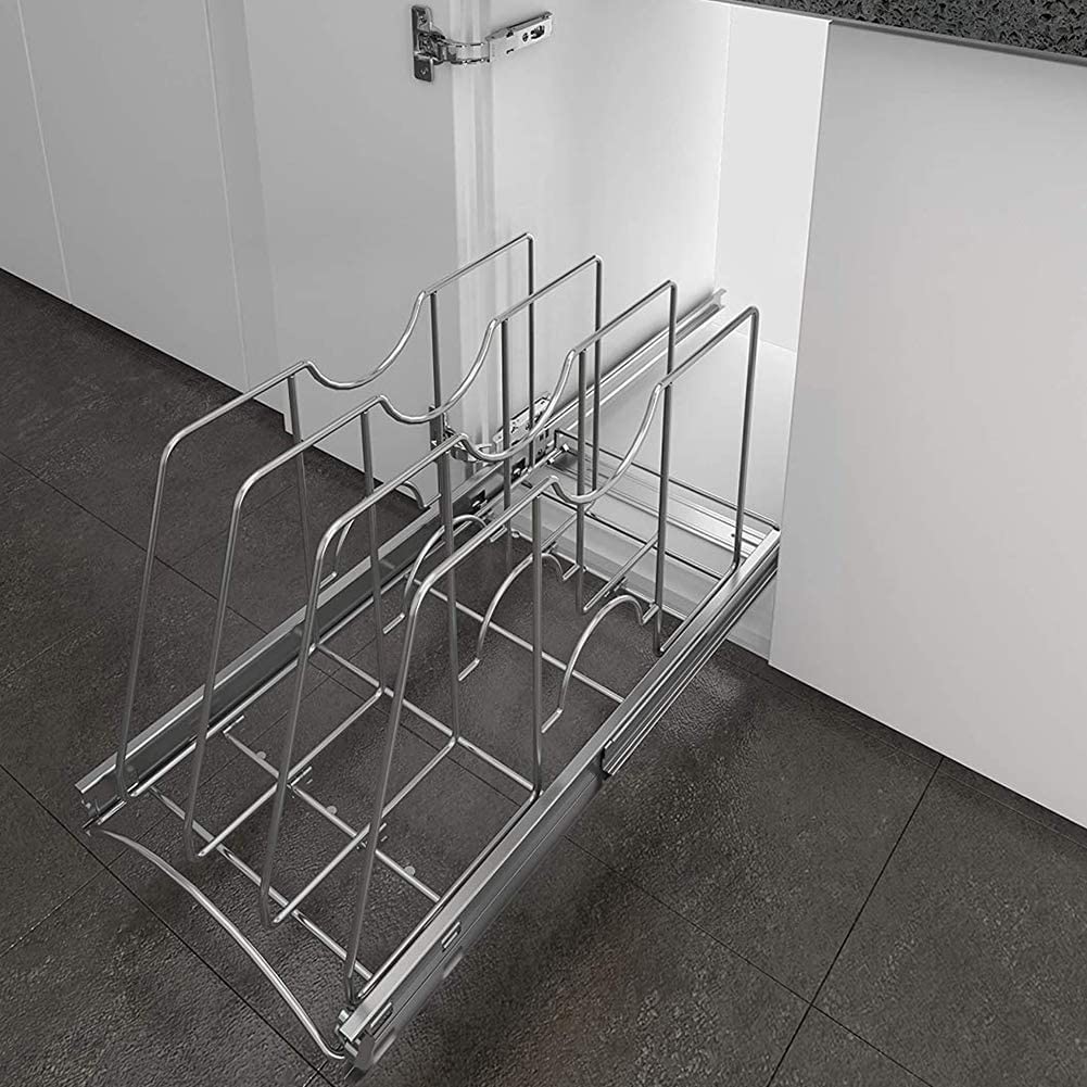 Slide Out Organizer for Cutting Board, Pan, Bakeware, and Tray - Pull Out Kitchen Cabinet Rack - (11W x 22D x 11.8H inch, Chrome)