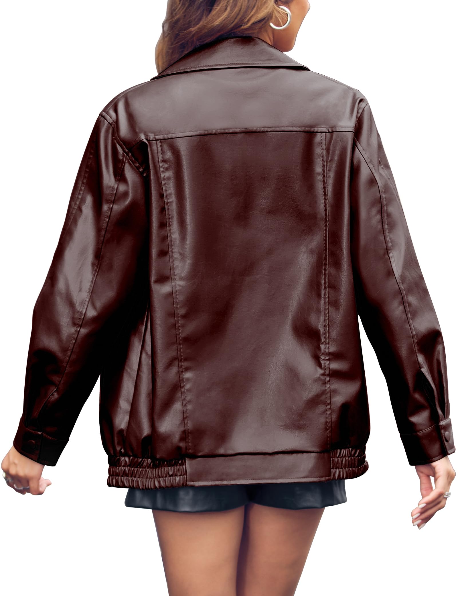Miladusa Oversized Bomber Jacket for Women Zip Up Solid Color Leather Jackets with Pockets Dark Brown XL