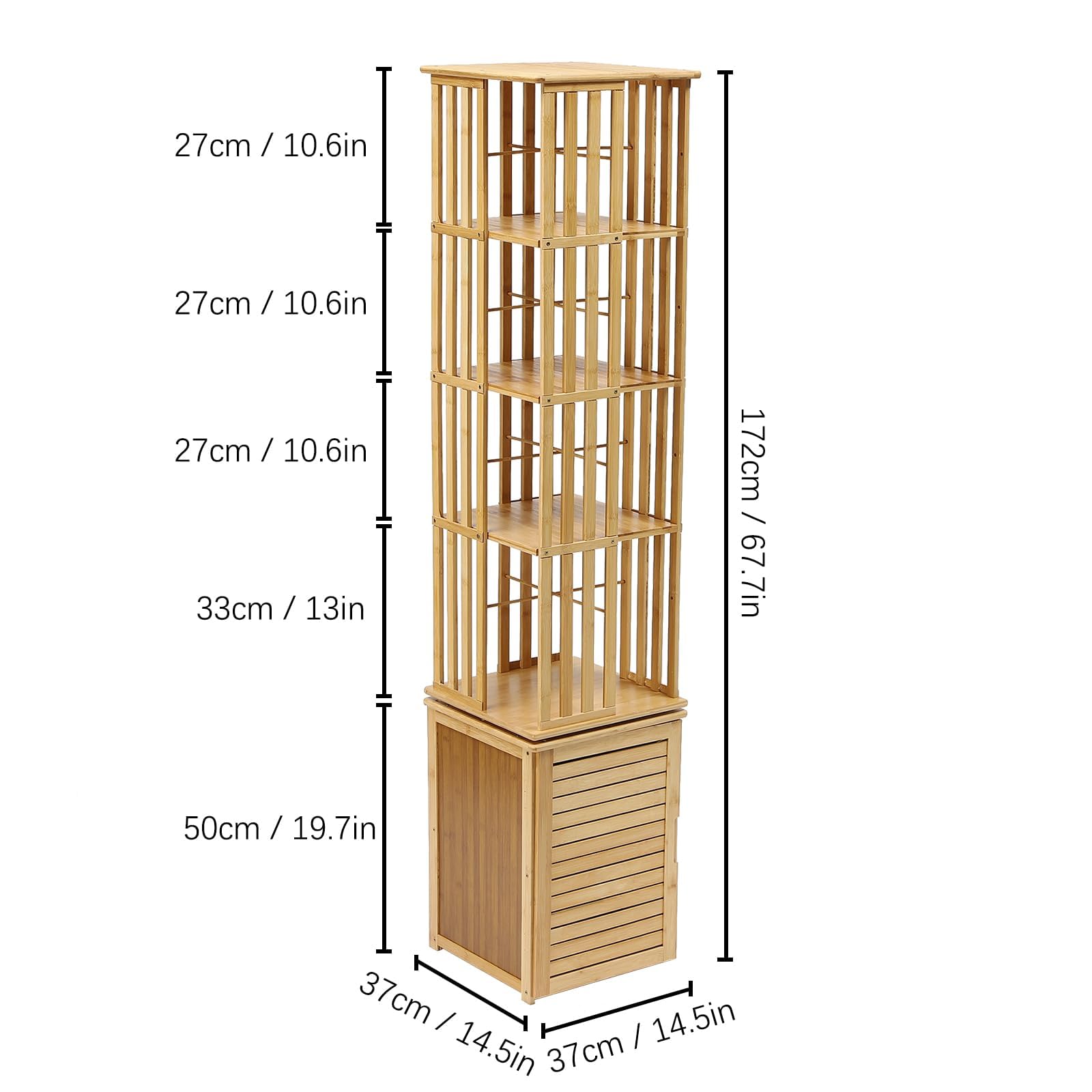 SHOUMANUAL Bamboo Rotating Bookshelf, 6-Tier Bookcase with Storage Cabinet & Doors, 360° Revolving Narrow Storage Display Rack Standing Shelves for Living Room Study Room Office, Natural
