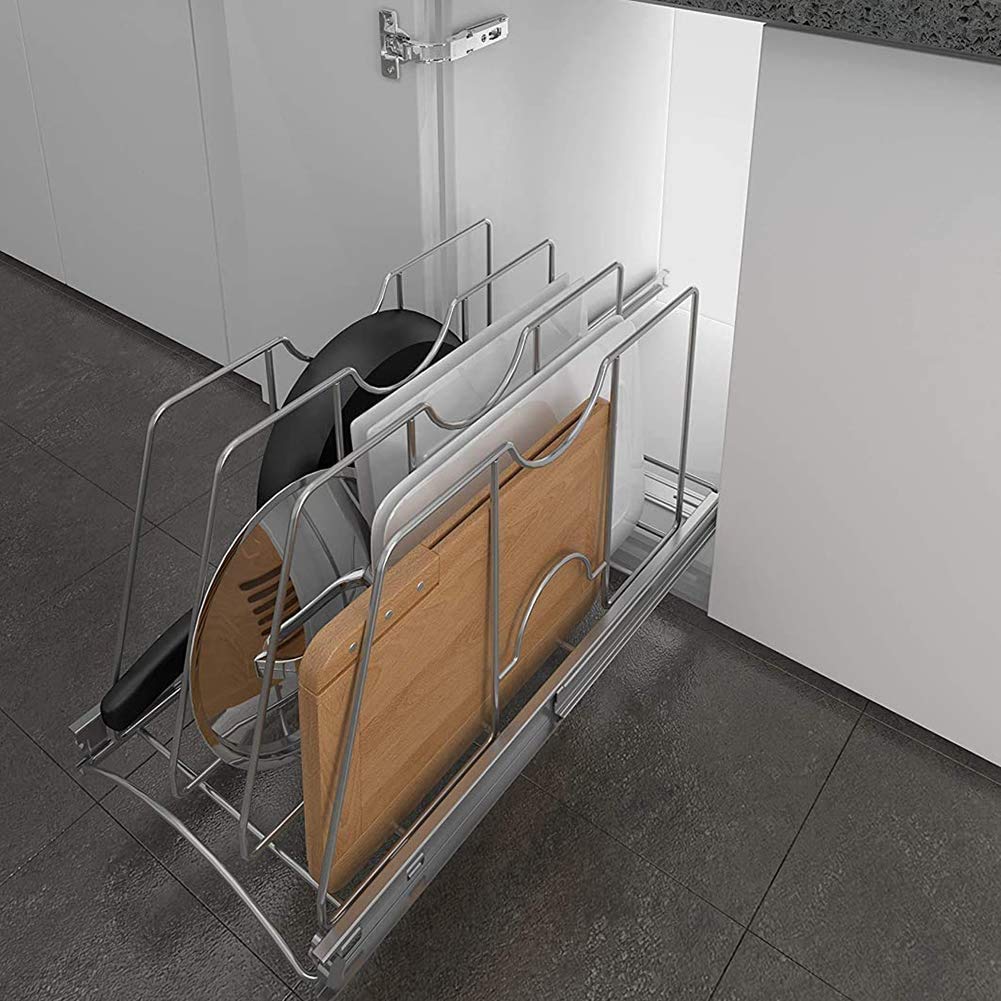 Slide Out Organizer for Cutting Board, Pan, Bakeware, and Tray - Pull Out Kitchen Cabinet Rack - (11W x 22D x 11.8H inch, Chrome)