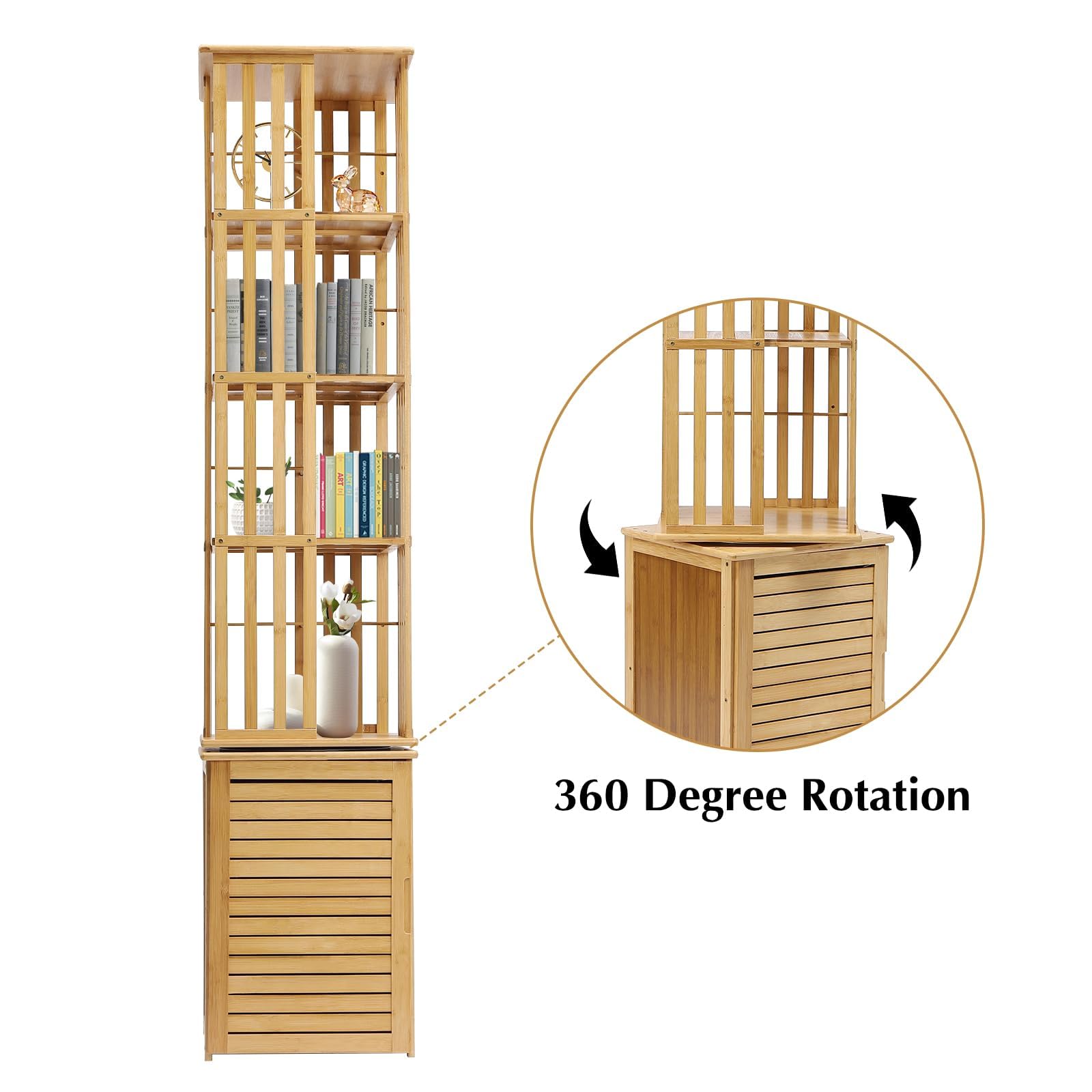 SHOUMANUAL Bamboo Rotating Bookshelf, 6-Tier Bookcase with Storage Cabinet & Doors, 360° Revolving Narrow Storage Display Rack Standing Shelves for Living Room Study Room Office, Natural