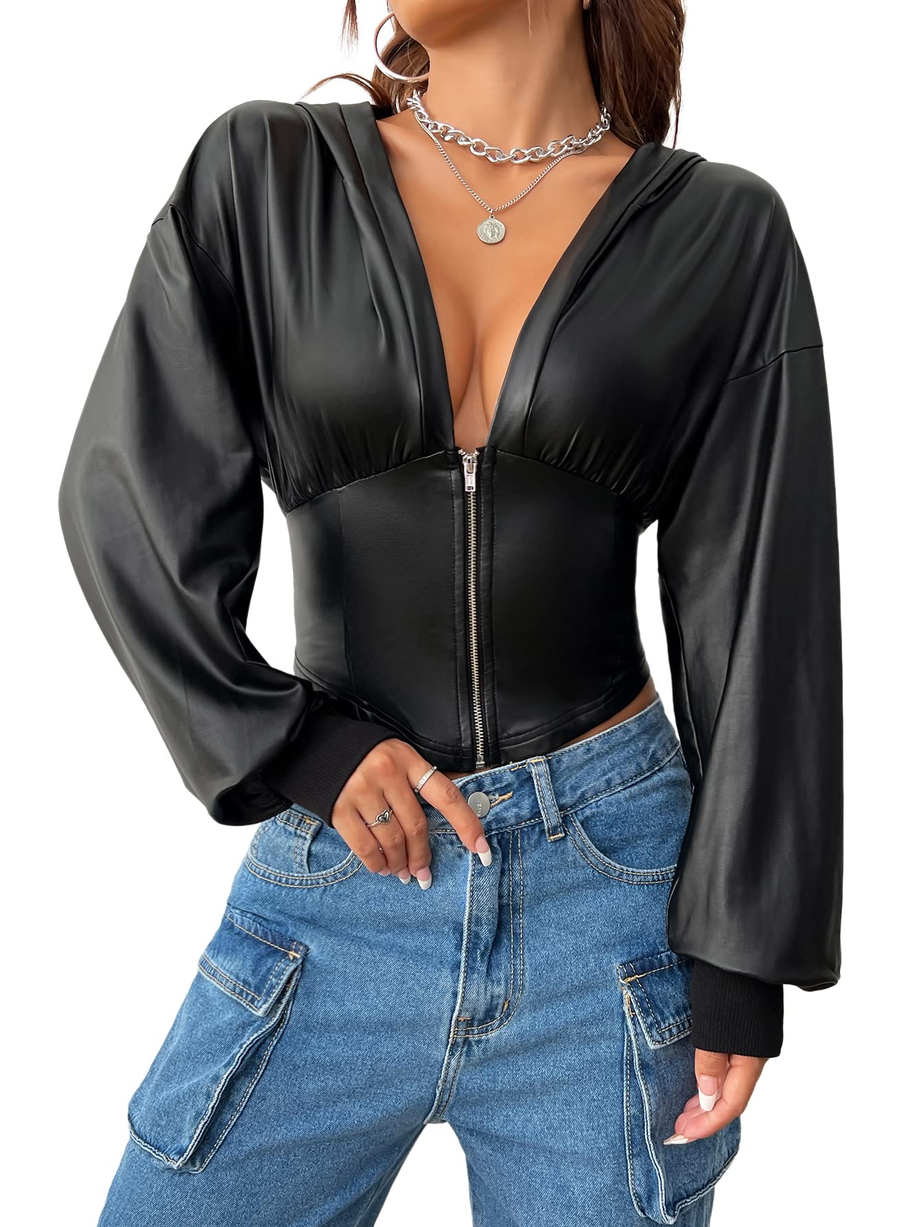 WDIRARA Women's PU Leather Ruched Zip Up Hoodie Long Sleeve Drop Shoulder Crop Jacket Black XS
