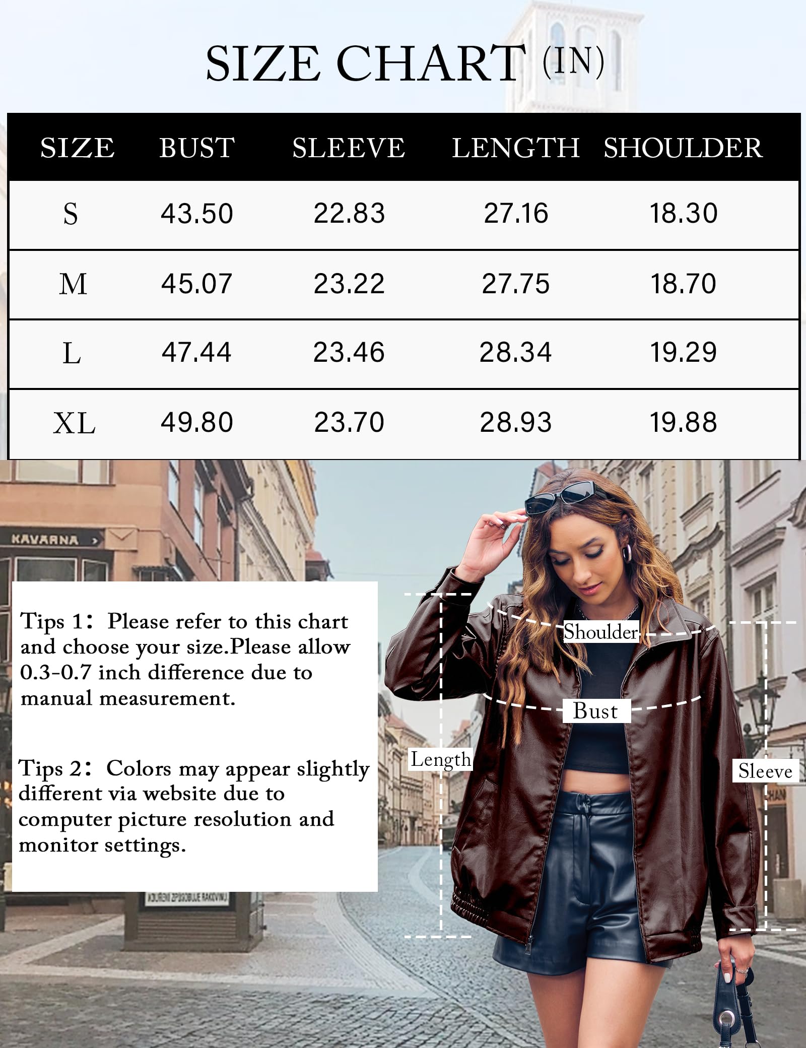 Miladusa Oversized Bomber Jacket for Women Zip Up Solid Color Leather Jackets with Pockets Dark Brown XL