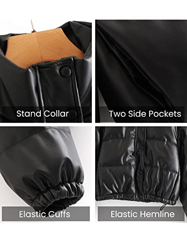 Tanming Womens Faux Leather Puffer Jacket Winter Long Sleeve Black Short Bubble Coat (Black-S)