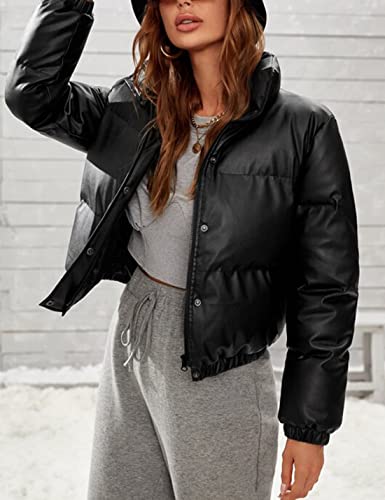 Tanming Womens Faux Leather Puffer Jacket Winter Long Sleeve Black Short Bubble Coat (Black-S)