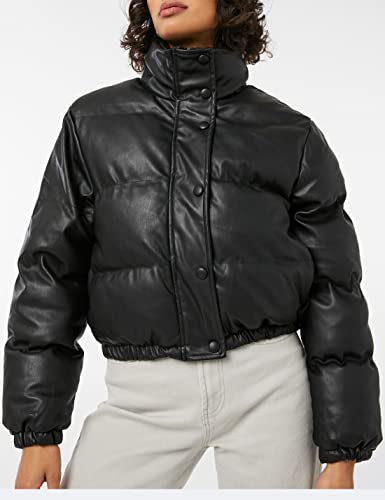 Tanming Womens Faux Leather Puffer Jacket Winter Long Sleeve Black Short Bubble Coat (Black-S)