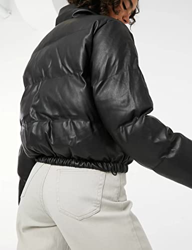 Tanming Womens Faux Leather Puffer Jacket Winter Long Sleeve Black Short Bubble Coat (Black-S)