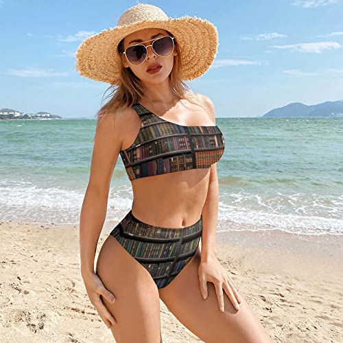 Women One Shoulder Swimsuit Vintage Library Bookshelf Bookcase High Waisted Bikini 2 Pieces Push Up Bathing Suit, Cheeky Swimwear with Tie for Pool Beach Party