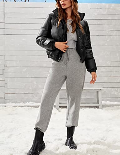 Tanming Womens Faux Leather Puffer Jacket Winter Long Sleeve Black Short Bubble Coat (Black-S)