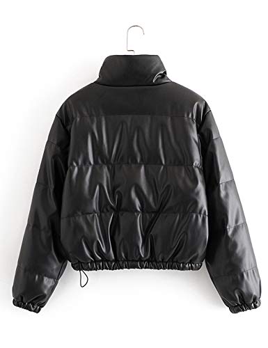 Tanming Womens Faux Leather Puffer Jacket Winter Long Sleeve Black Short Bubble Coat (Black-S)