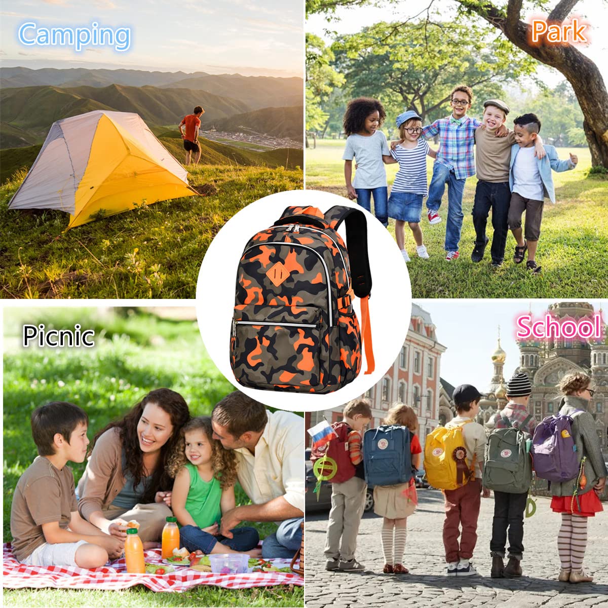 Yvechus Camo Backpack Set with Lunch Bag Lightweight Waterproof School Backpack Bookbag for Boys Girls (B-Style Camo Orange)