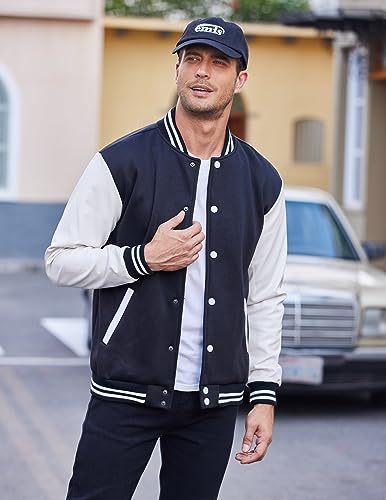 COOFANDY Mens Streetwear Varsity Jacket Letterman Jackets Baseball Bomber Wool Faux Leather Coats Navy Small