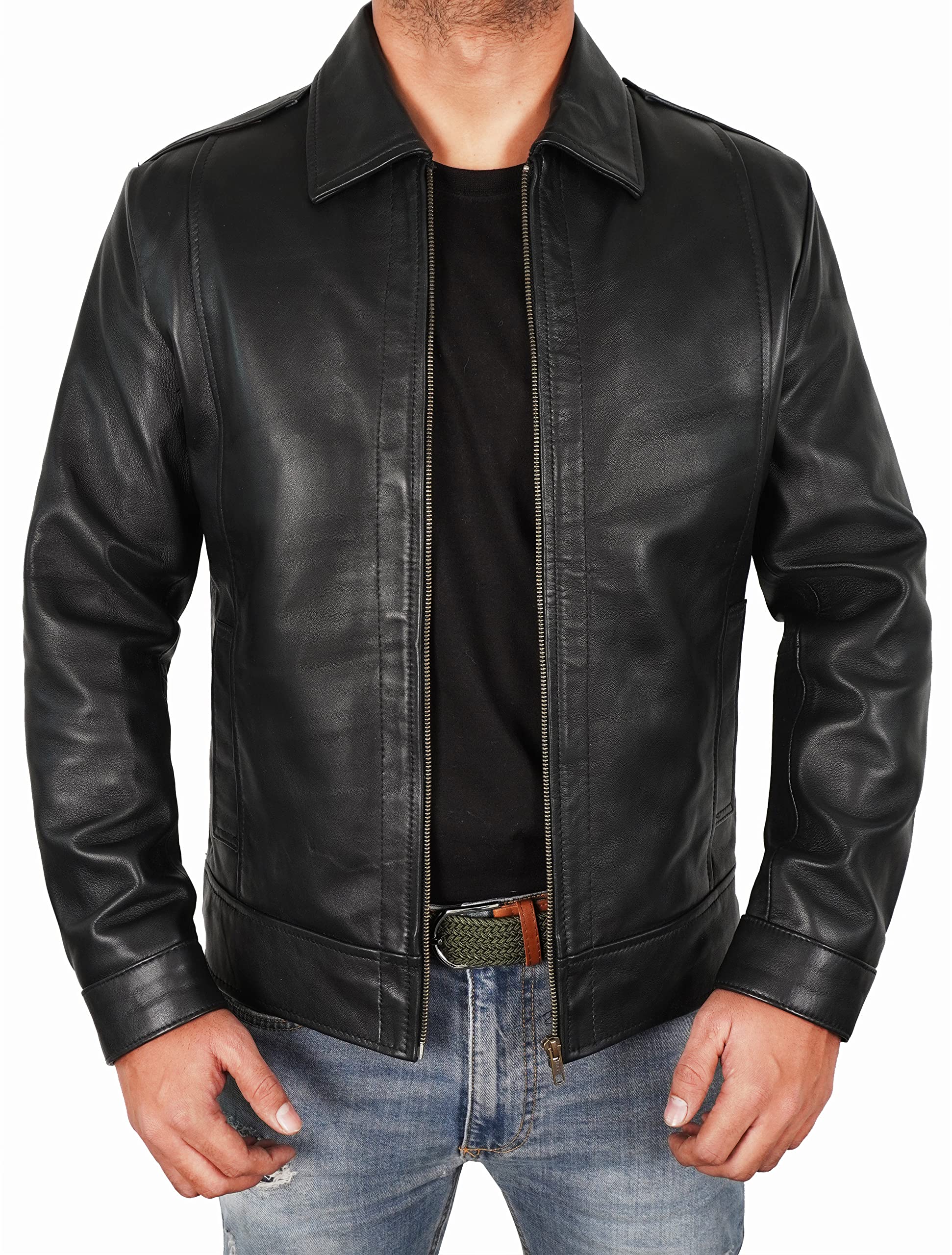 III-FASHIONS Leather Jacket Men Motorcycle - Vintage Style Shirt Collar Slim Fit Leather Jacket - Wiiick Black Leather Jacket For Mens - lambskin leather biker jacket xxl men
