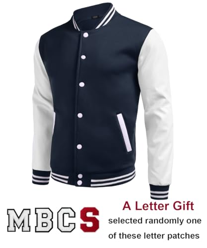 COOFANDY Mens Streetwear Varsity Jacket Letterman Jackets Baseball Bomber Wool Faux Leather Coats Navy Small