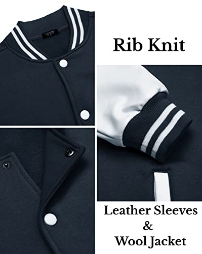 COOFANDY Mens Streetwear Varsity Jacket Letterman Jackets Baseball Bomber Wool Faux Leather Coats Navy Small