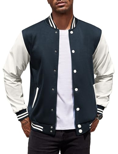 COOFANDY Mens Streetwear Varsity Jacket Letterman Jackets Baseball Bomber Wool Faux Leather Coats Navy Small