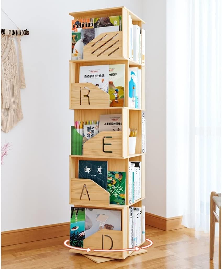 4-tier/5-tier/6-tier Bookshelf 360° Rotating Bookshelf Solid Wood Floor Bookshelves Square Rack Bookcase Modern Bookcase