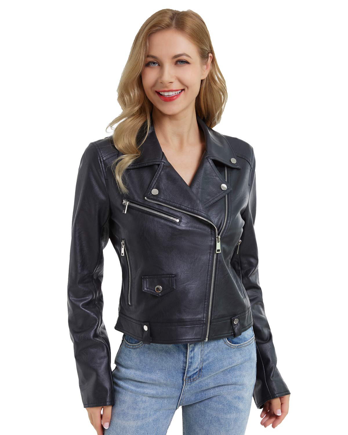 DIASHINY Black Cropped Faux Leather Jacket For Women PU Slim Zip Up Moto Biker Coat Motorcycle Crop Short Jacket 013 Medium