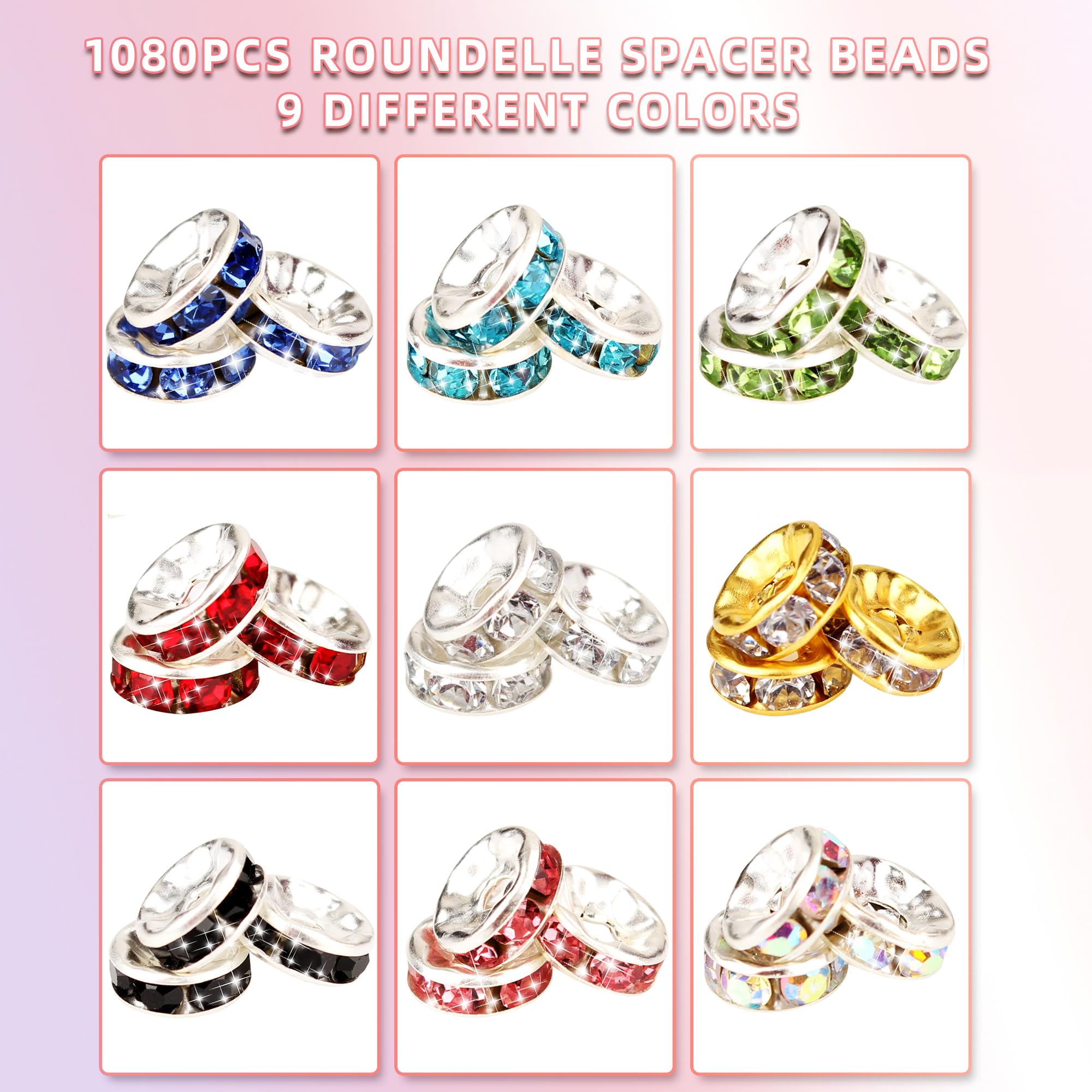 1080Pcs 8mm Round Spacer Beads, Crystal Beads, Rhinestone Beads ,Beads for Jewelry Making Necklaces, Bracelet Pendants (9 Colors-8mm)