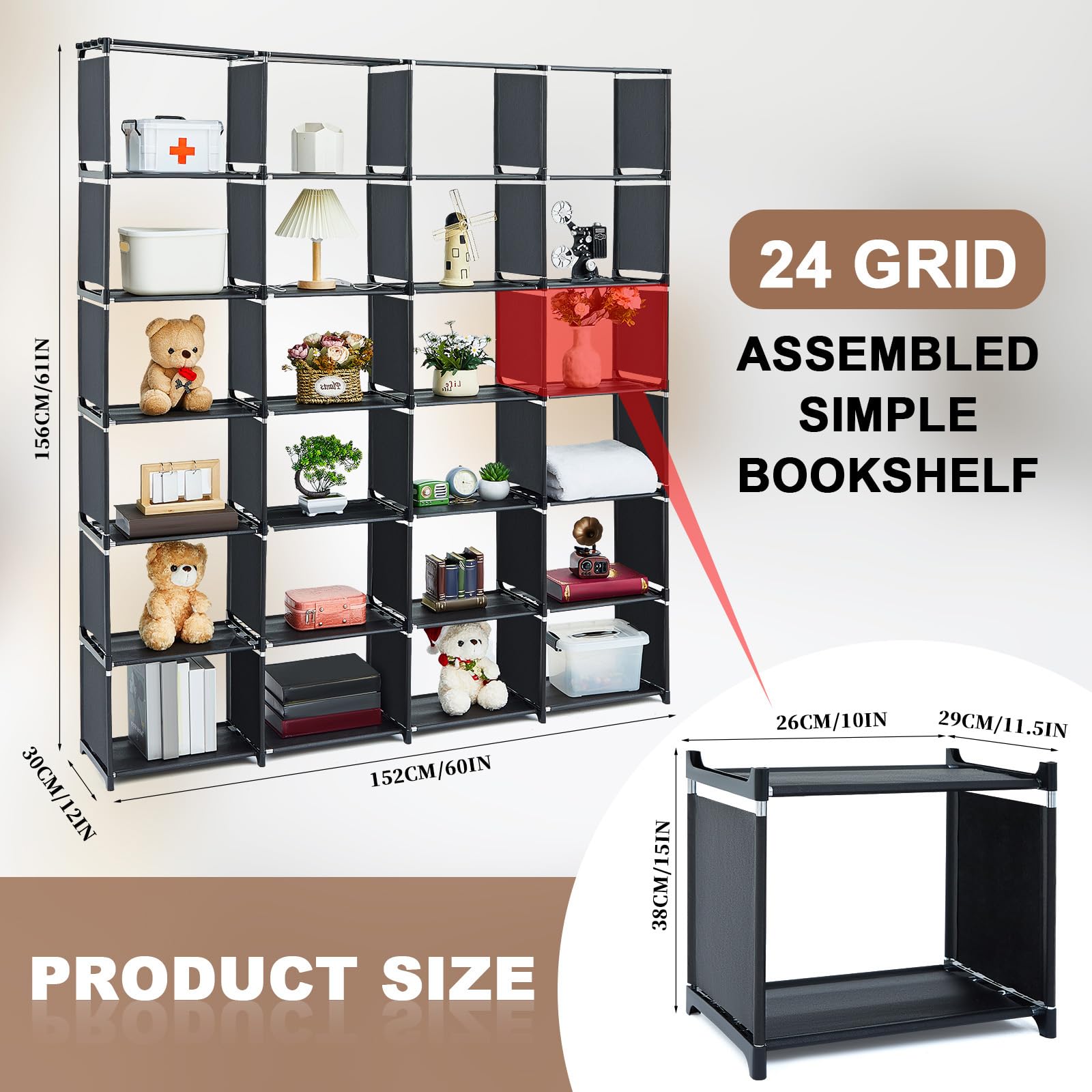 Suzile 24 Large Extra Cube Storage Organizer 6 Tiers Bookshelf Organizer Black Cube Storage Shelf DIY Bookcase Tall Book Shelves for Living Room Study Room Bedroom Office