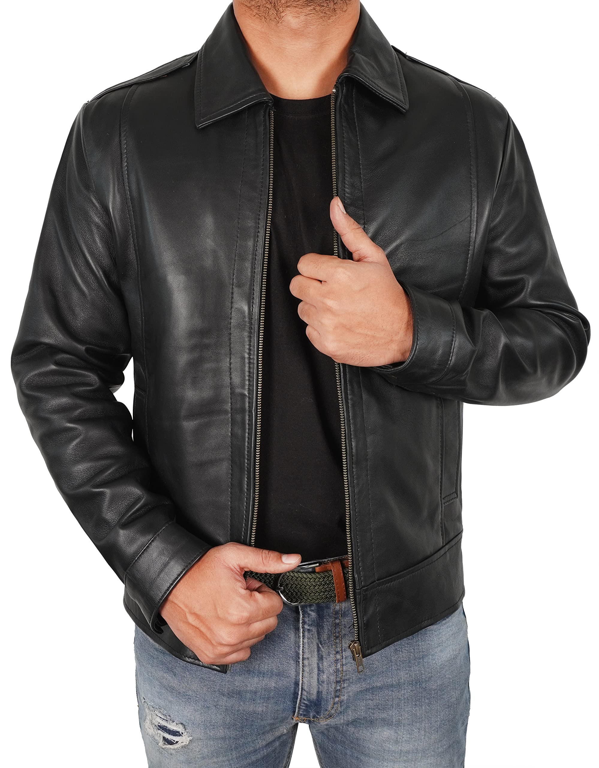 III-FASHIONS Leather Jacket Men Motorcycle - Vintage Style Shirt Collar Slim Fit Leather Jacket - Wiiick Black Leather Jacket For Mens - lambskin leather biker jacket xxl men