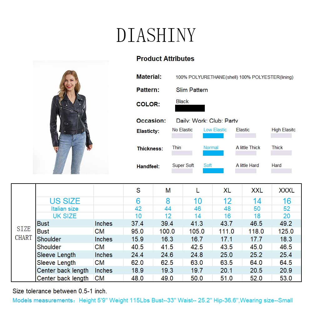 DIASHINY Black Cropped Faux Leather Jacket For Women PU Slim Zip Up Moto Biker Coat Motorcycle Crop Short Jacket 013 Medium