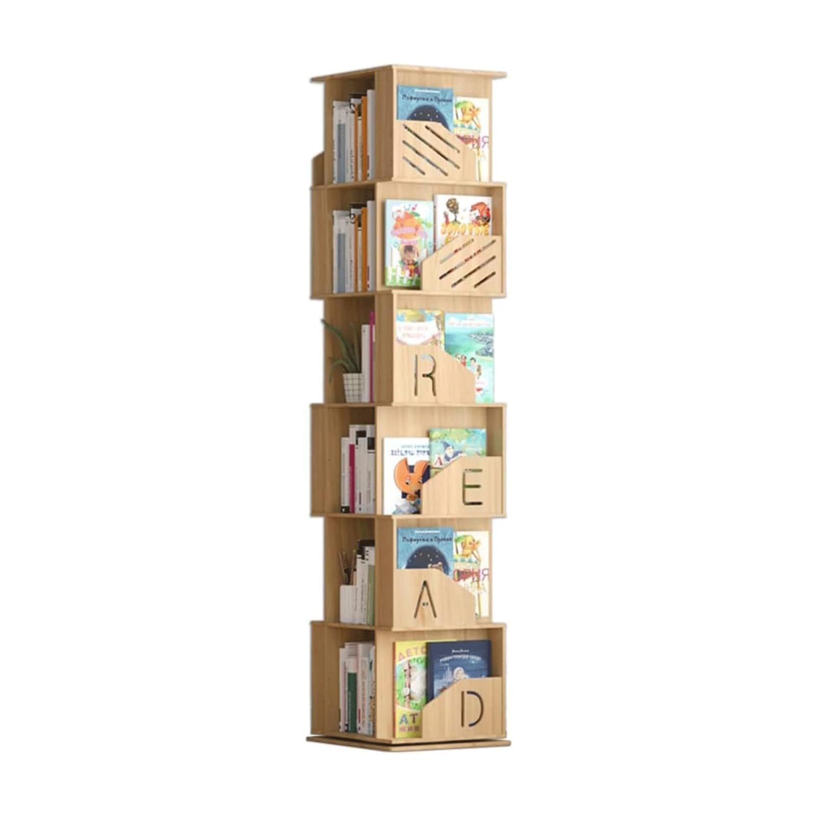 4-tier/5-tier/6-tier Bookshelf 360° Rotating Bookshelf Solid Wood Floor Bookshelves Square Rack Bookcase Modern Bookcase