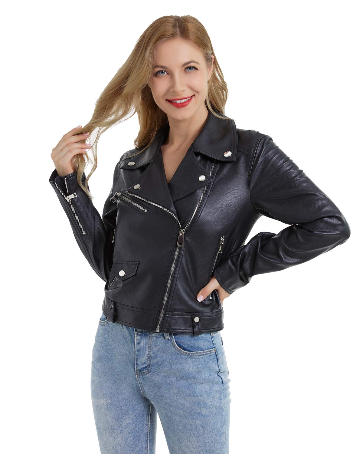 DIASHINY Black Cropped Faux Leather Jacket For Women PU Slim Zip Up Moto Biker Coat Motorcycle Crop Short Jacket 013 Medium