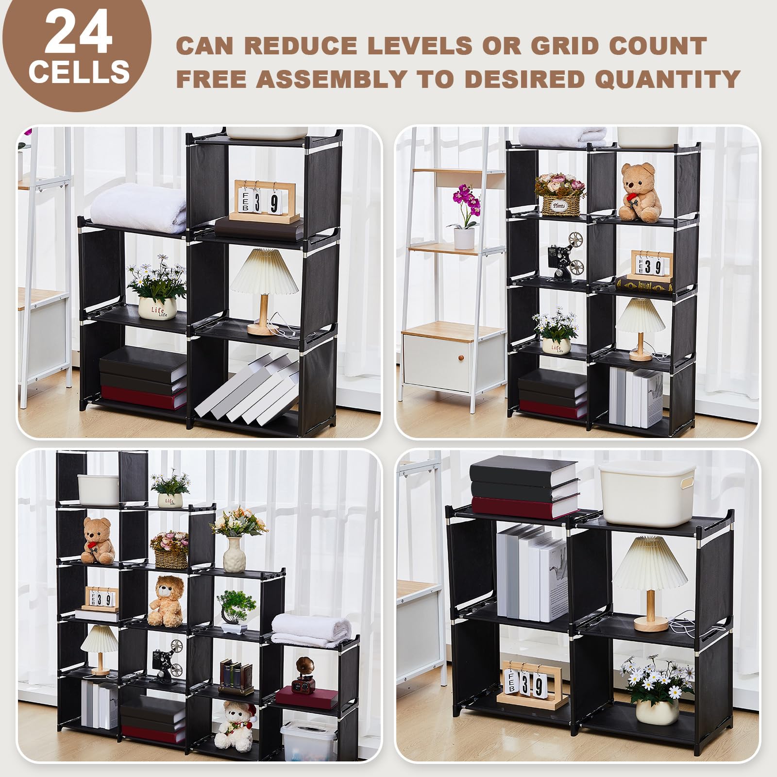 Suzile 24 Large Extra Cube Storage Organizer 6 Tiers Bookshelf Organizer Black Cube Storage Shelf DIY Bookcase Tall Book Shelves for Living Room Study Room Bedroom Office