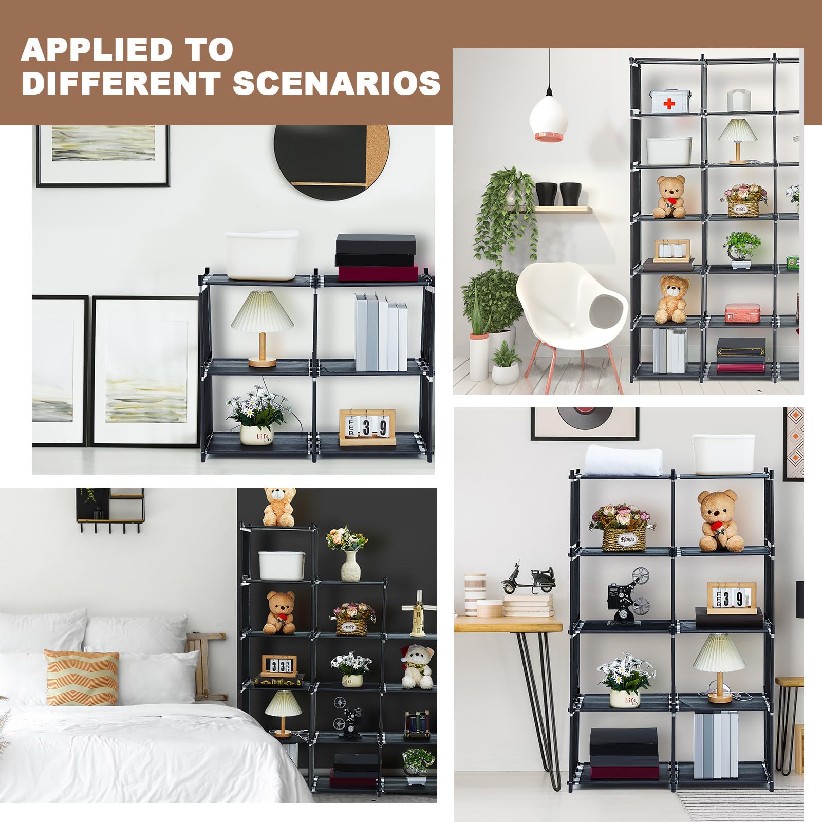 Suzile 24 Large Extra Cube Storage Organizer 6 Tiers Bookshelf Organizer Black Cube Storage Shelf DIY Bookcase Tall Book Shelves for Living Room Study Room Bedroom Office