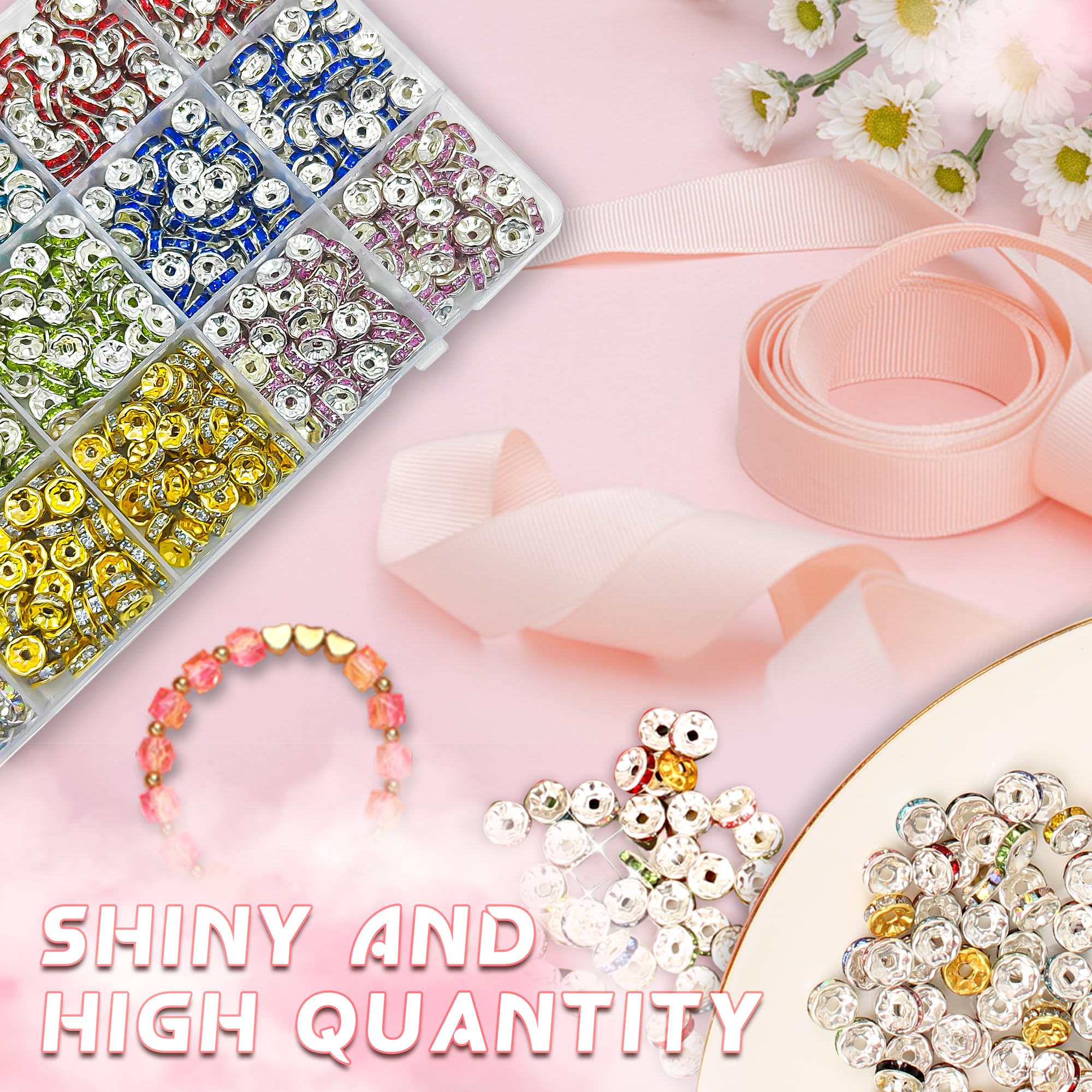 1080Pcs 8mm Round Spacer Beads, Crystal Beads, Rhinestone Beads ,Beads for Jewelry Making Necklaces, Bracelet Pendants (9 Colors-8mm)