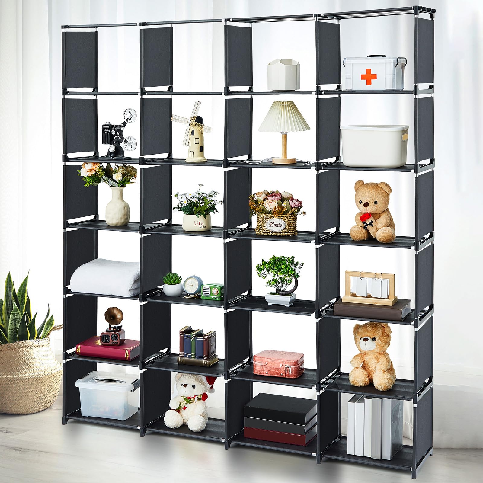 Suzile 24 Large Extra Cube Storage Organizer 6 Tiers Bookshelf Organizer Black Cube Storage Shelf DIY Bookcase Tall Book Shelves for Living Room Study Room Bedroom Office
