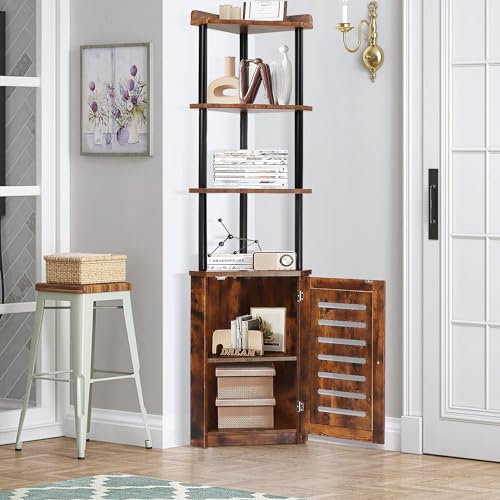 Timberer 6-Tier Corner Shelf with Storage, Corner Bookshelf, 74.2" Tall Corner Stand Display Storage Rack for Living Room, Home Office, Kitchen, Bar, Small Space, Rustic Brown and Black