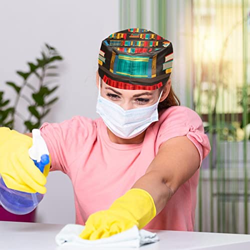 Bouffant Working Cap with Ribbon Tie for Women Long Hair, Adjustable Unisex Surgical Hat, Bookshelf Multi Clean Scrub Caps, 2 Pack